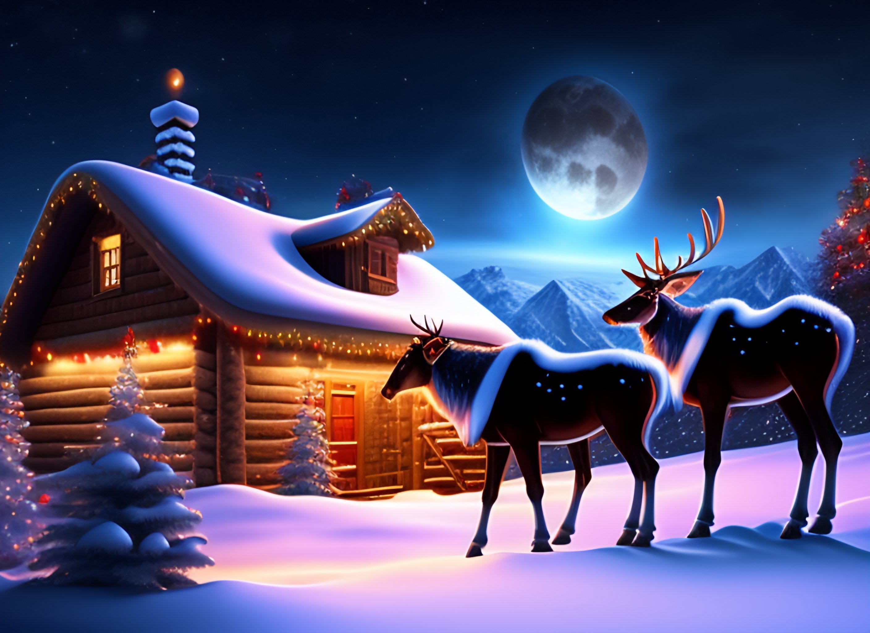 Lexica - Santa Claus with reindeers above night sky at christmas eve ...