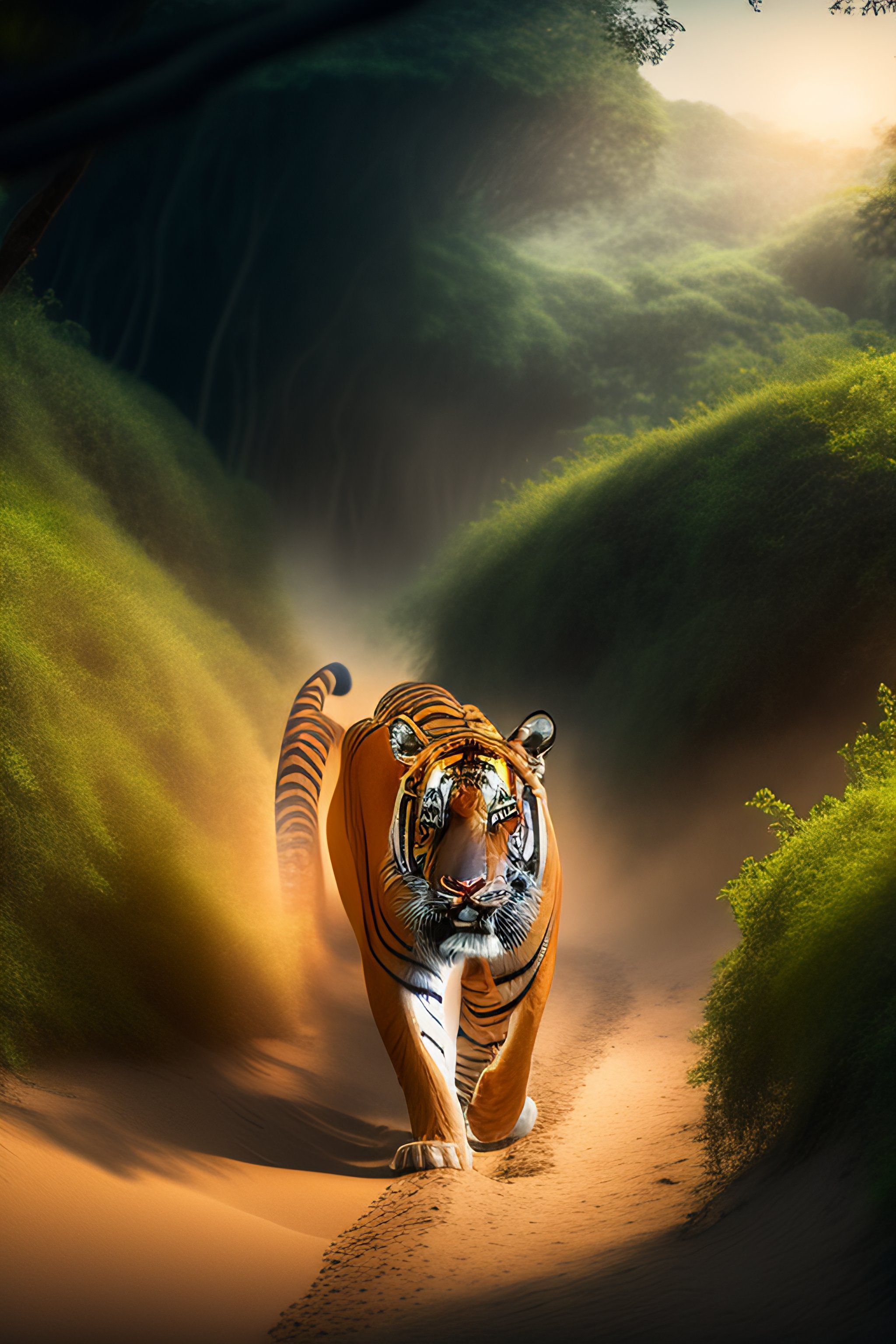 Lexica - A tiger entering into the beach from jungle in the evening,8k ...