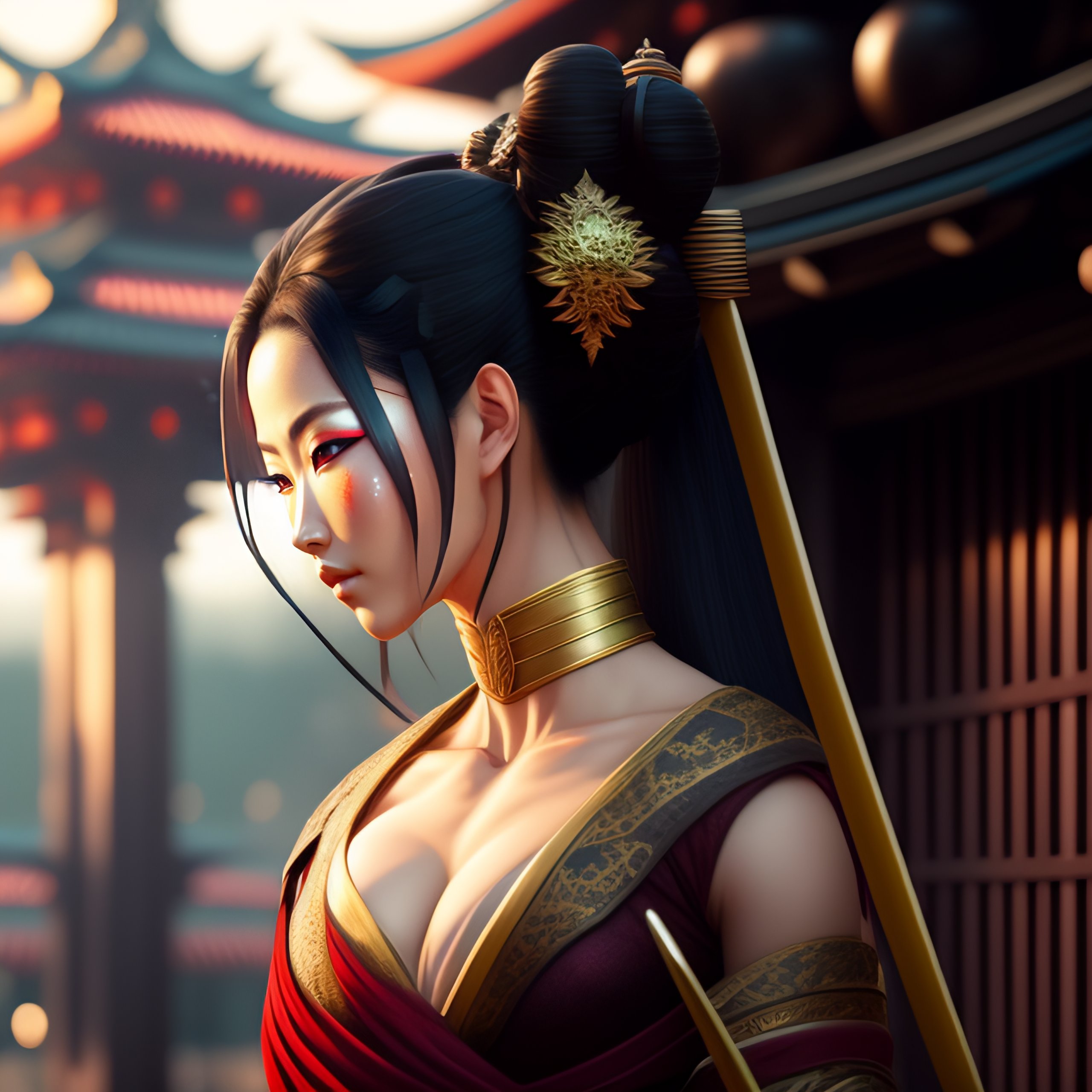 Lexica - Demon Queen, Kunoichi, downtown edo in the Sengoku Era, beautifully lit Dawn, full ...