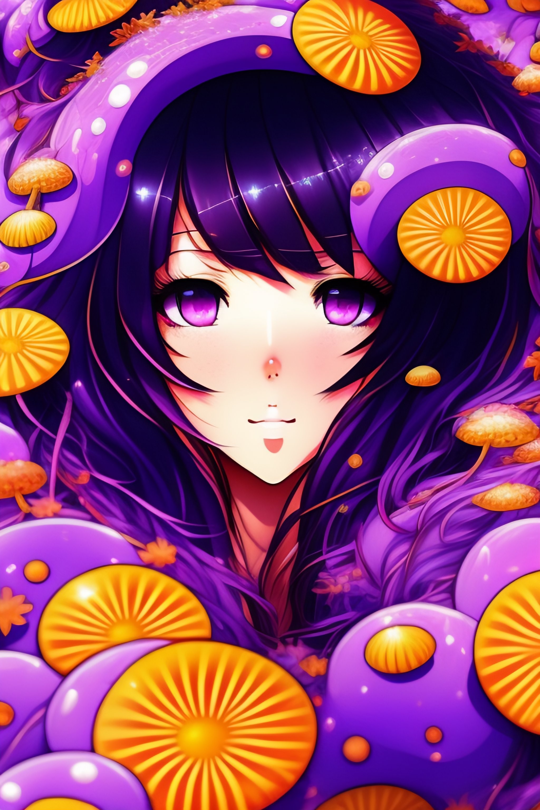 Lexica - A manga girl tripping on shrooms drowning in mushrooms, smile ...