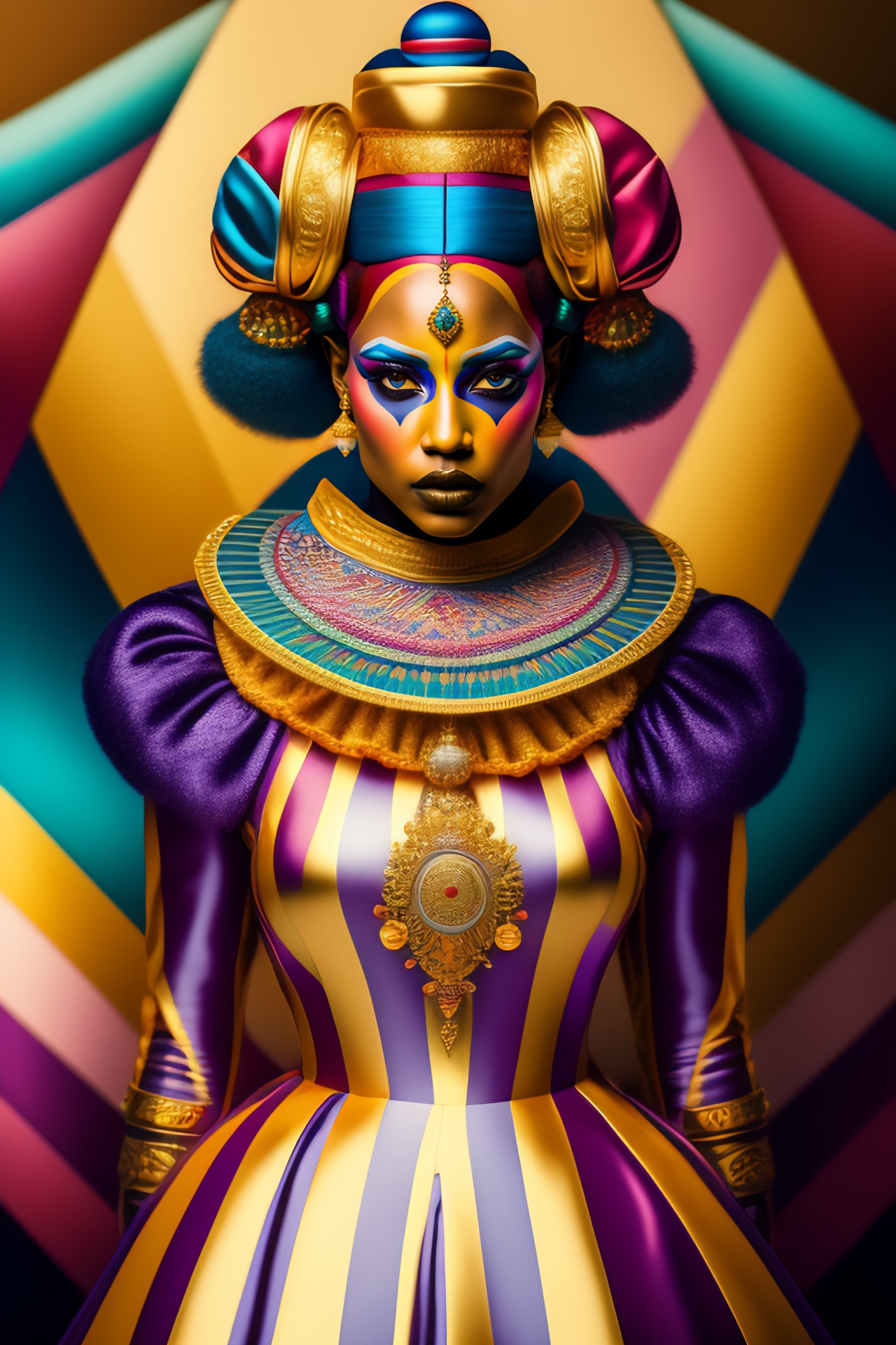 Lexica - Epic portrait of Venetian Harlequin Female Clown in Pastel stripes with gold intricate ...