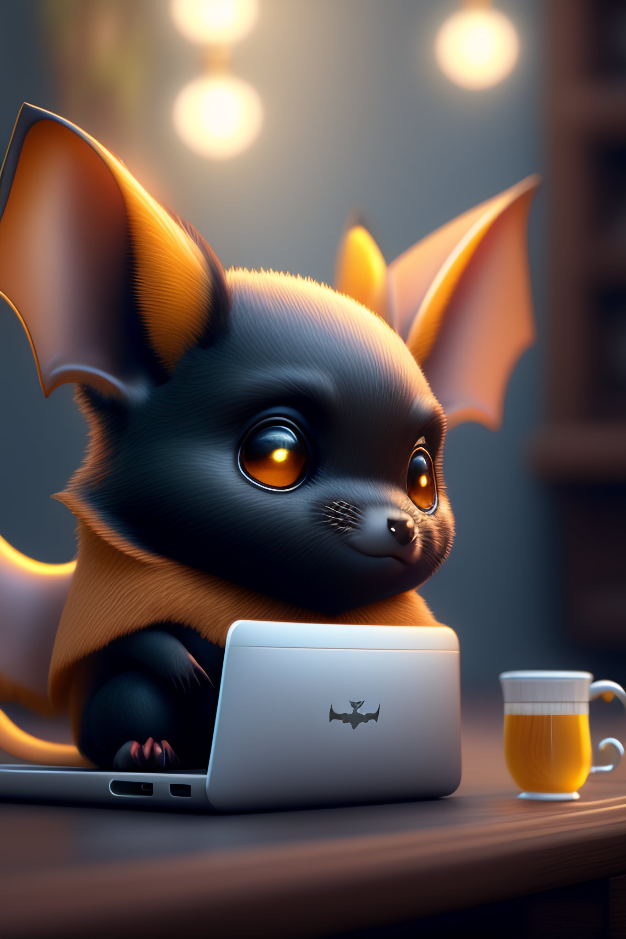 Lexica - Cute small humanoid bat sitting in front of laptop ,unreal ...