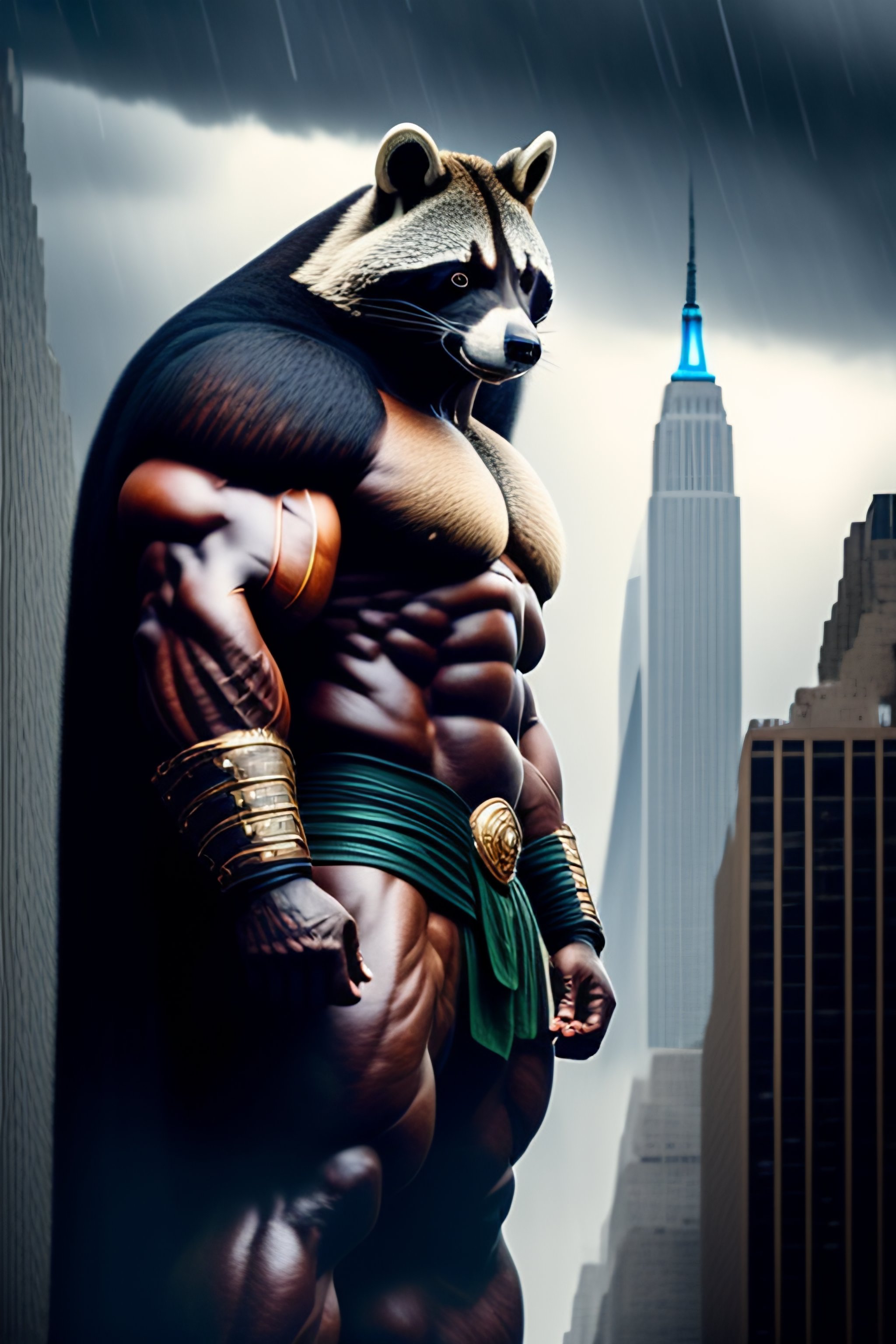 Lexica - A massive muscular humanoid racoon as tall as a building who ...