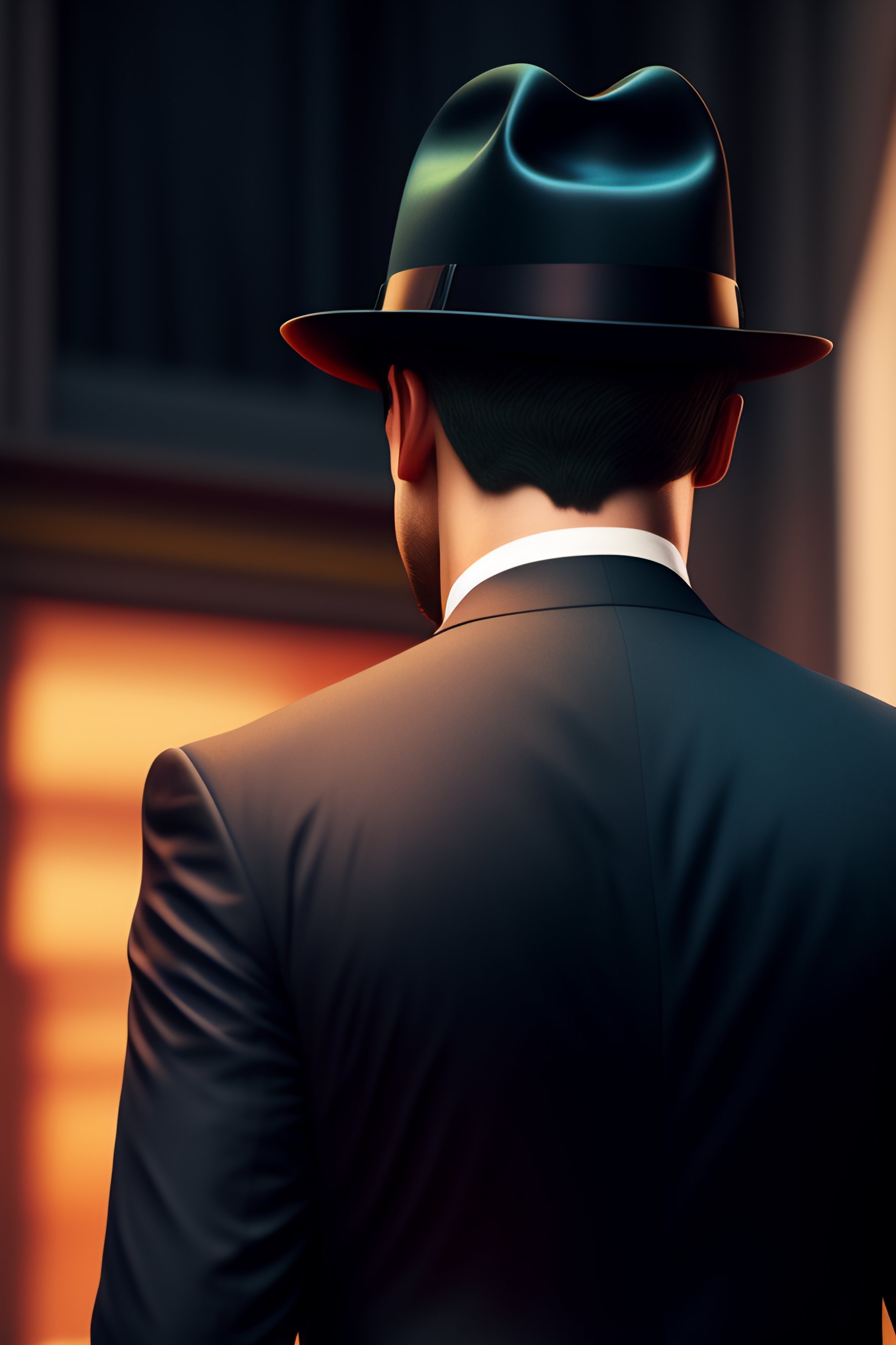 Lexica - Man from behind wearing a trilby hat and dark suit, art by ...