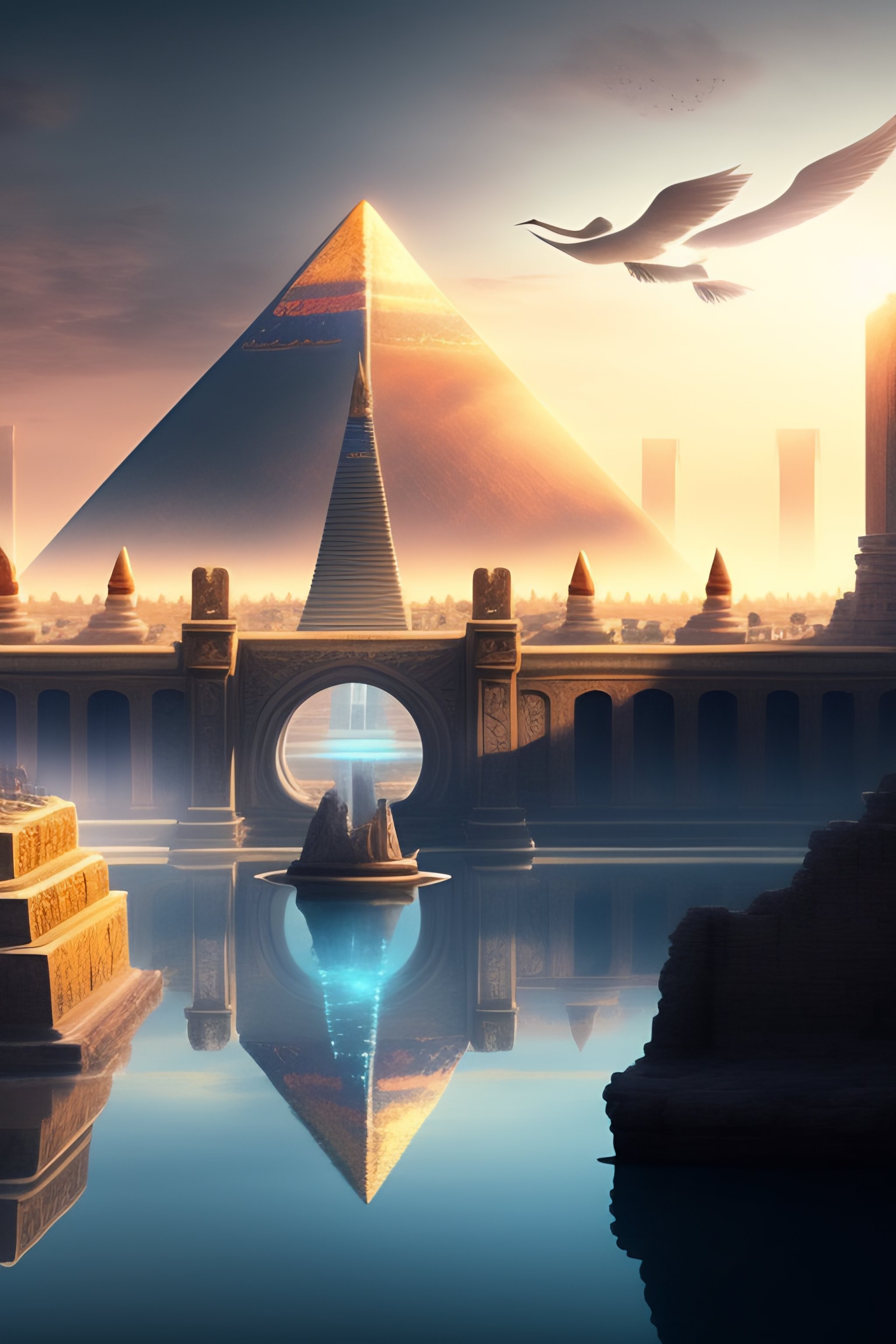 Lexica - A distant view of a single white glowing magical great pyramid ...