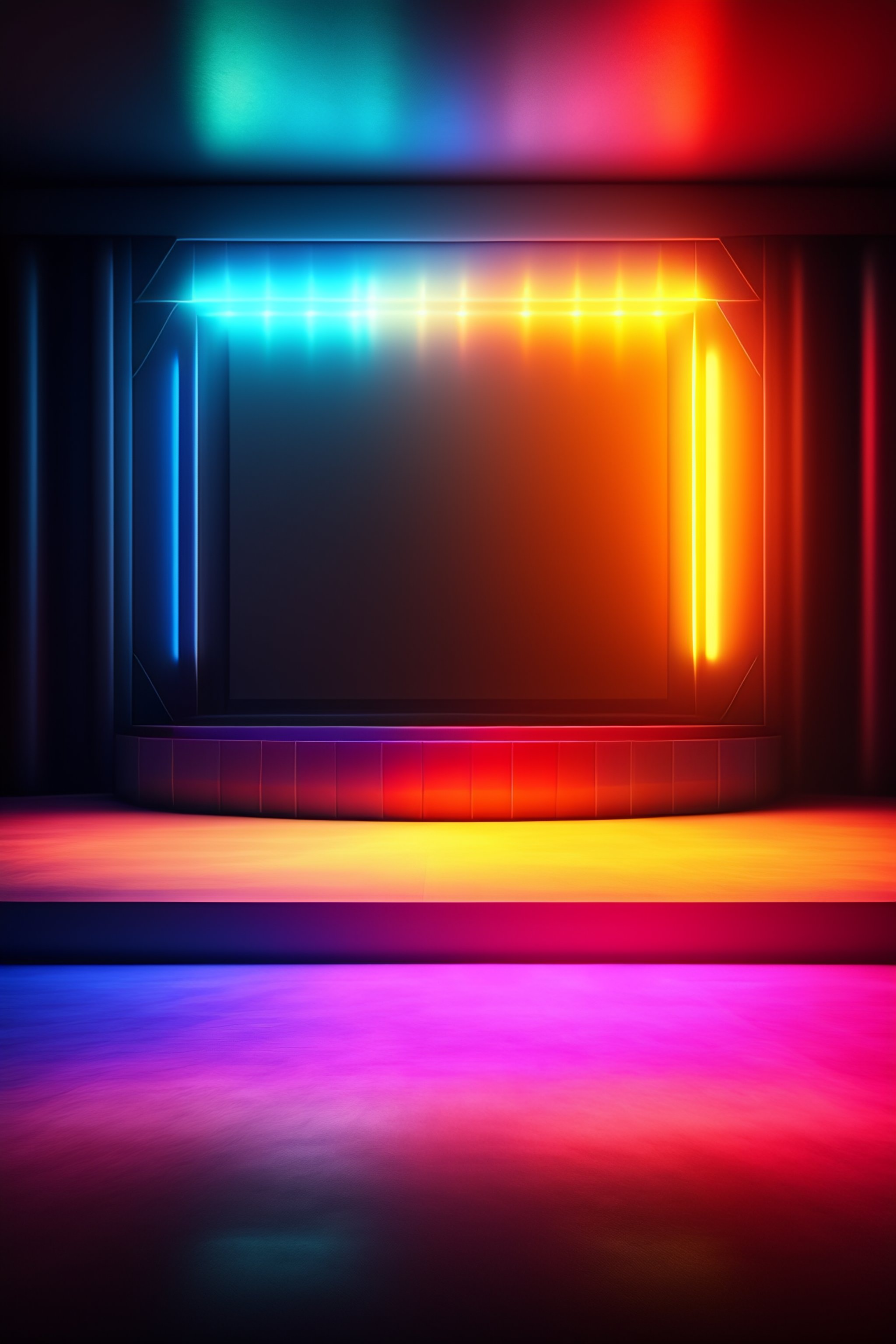 Lexica - A stage with digital screen, colourful lighting, floor ...