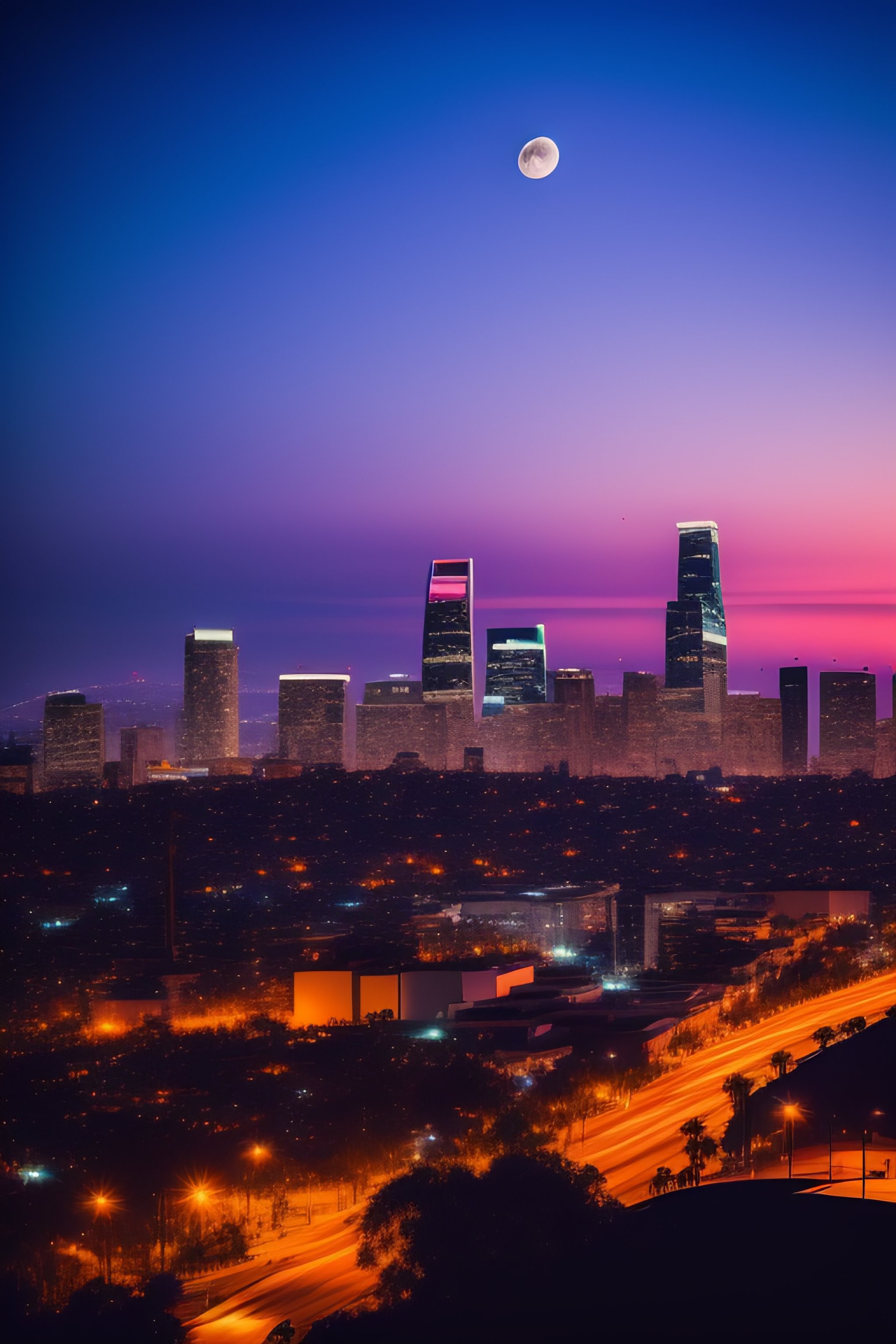 Lexica - The moon hangs low in the sky over downtown los angeles, dusk ...