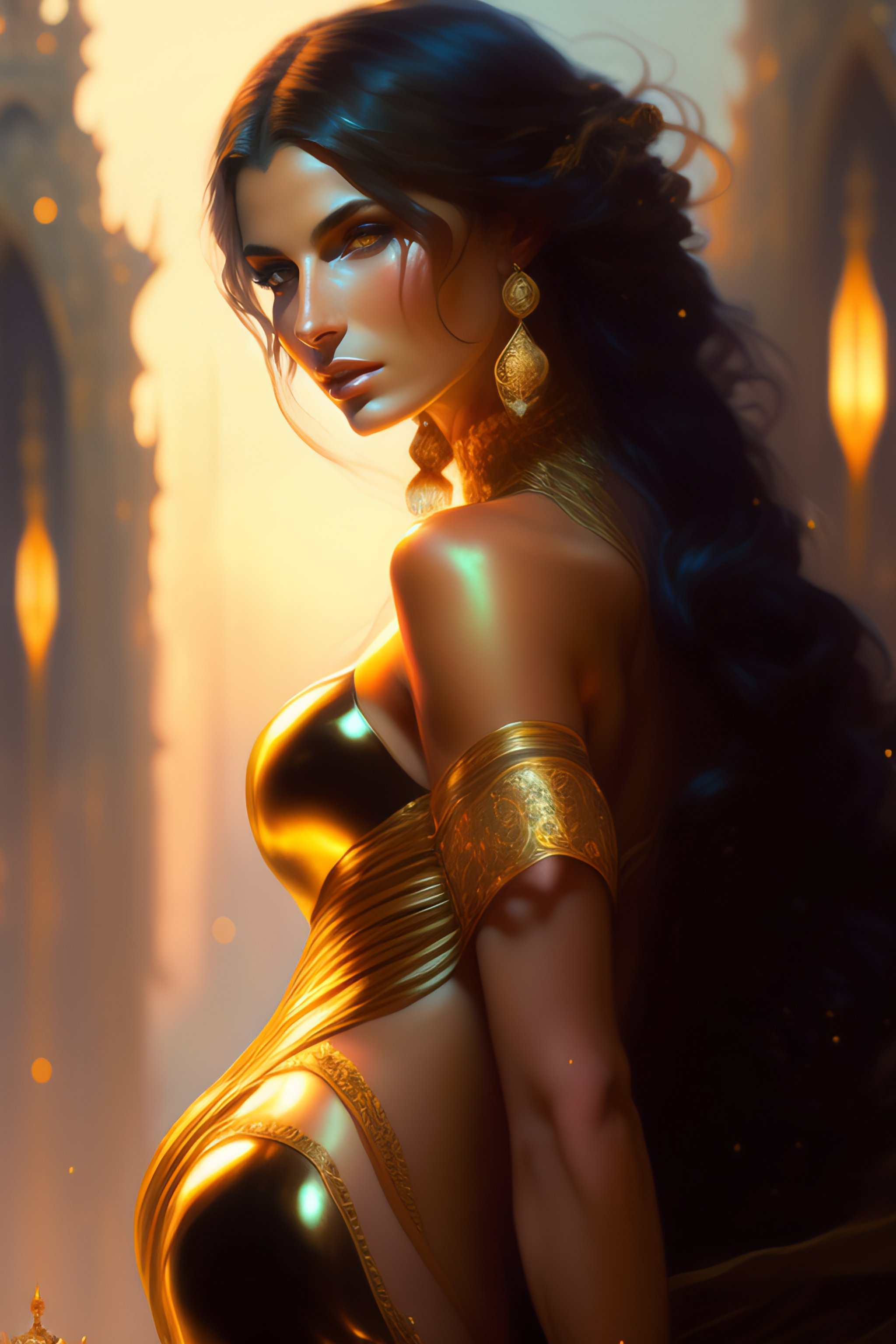 Lexica - A beautiful cinematic female sand goddess, emily ratajkowski, golden and black dress ...