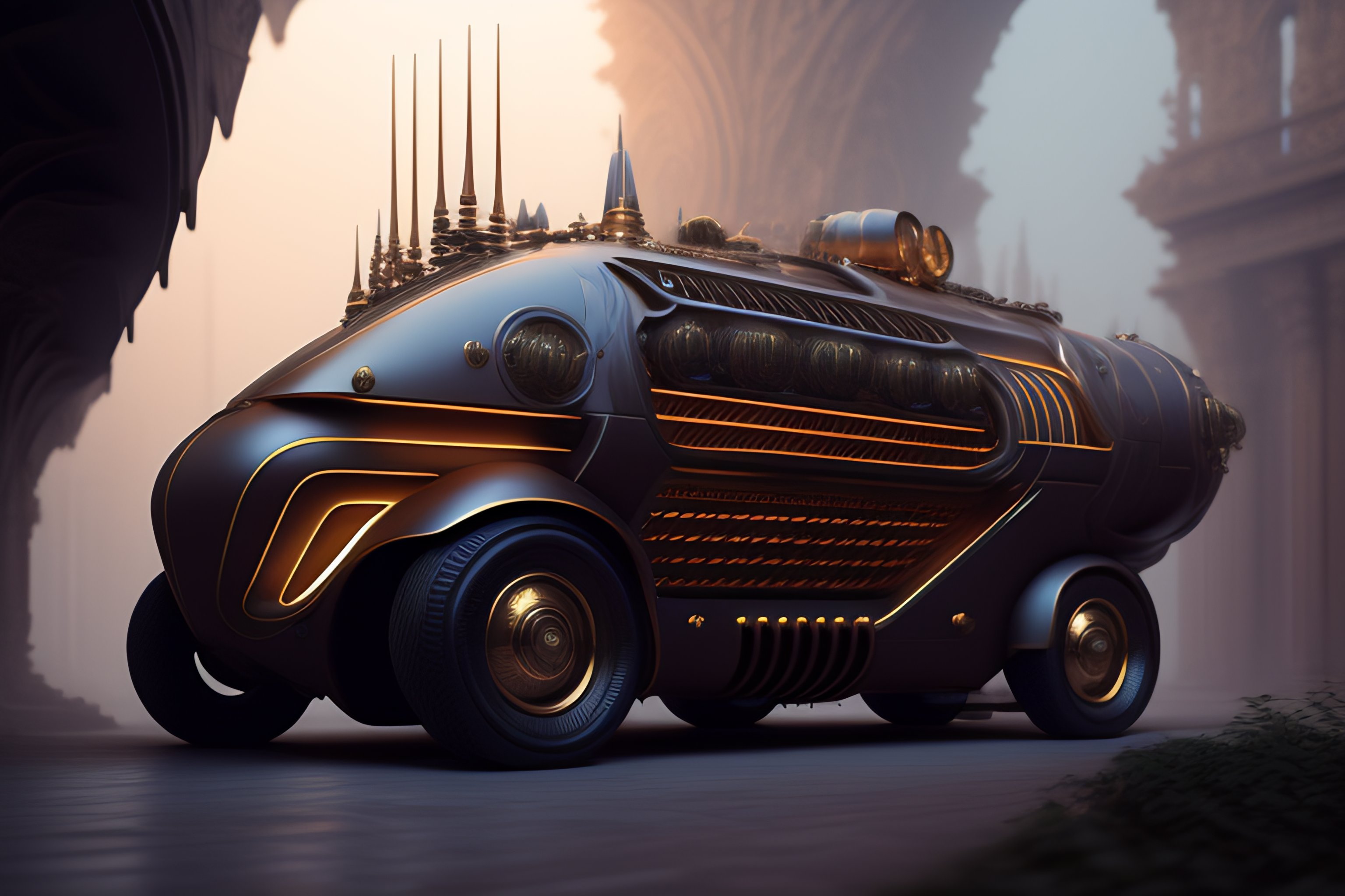 Lexica - Wide shot of a minimal biomechanical steampunk vehicle ...