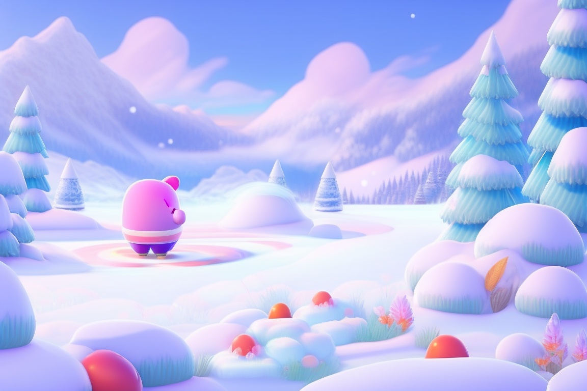 Lexica - 2D illustration, Kirby Star Allies, daylight, winter, field ...