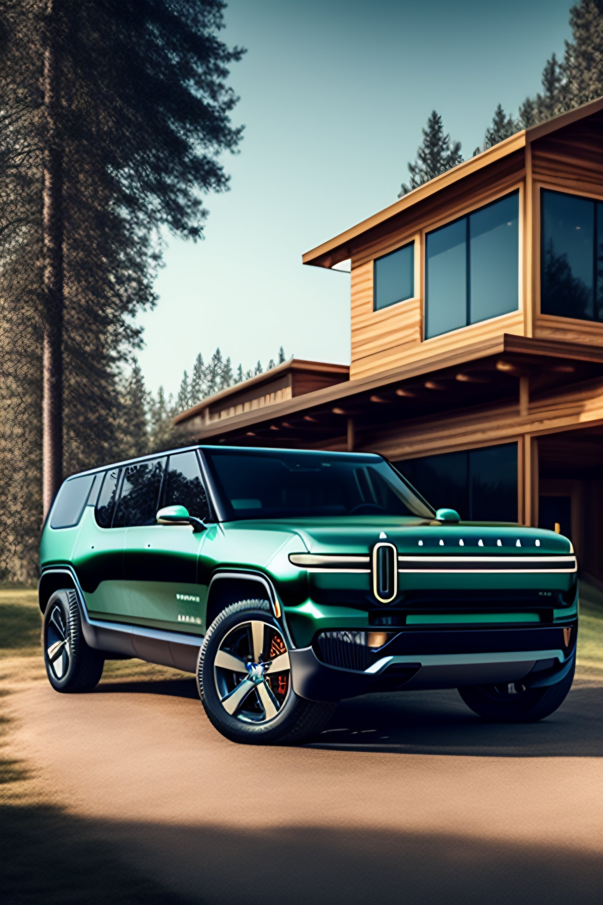 Lexica - Rivian SUV plugged in to a driveway charger in a traditional ...