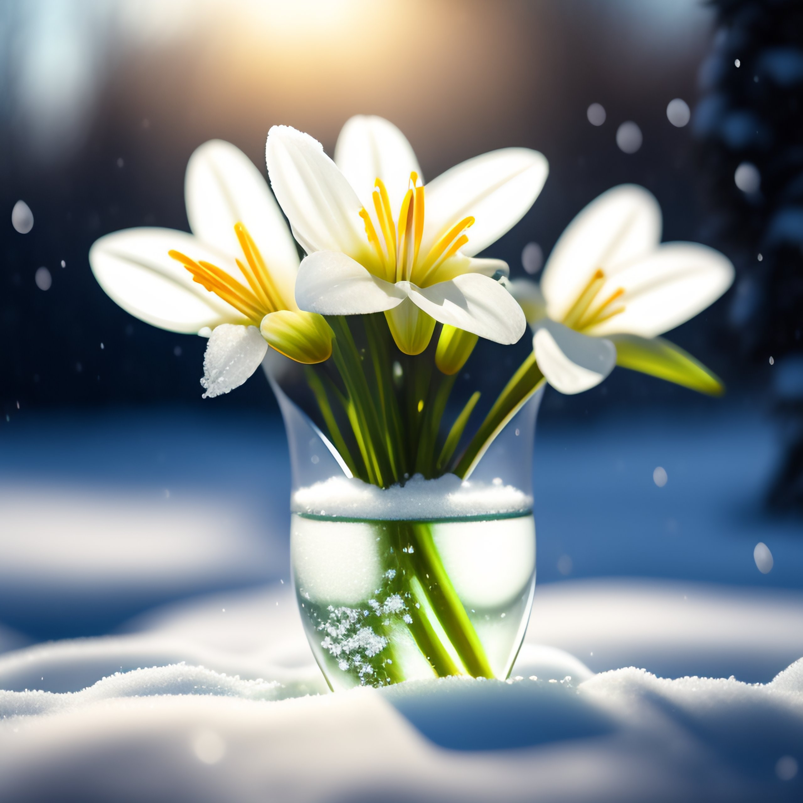 Lexica - Portrait, photography, spring drip, white lilies in the snow ...