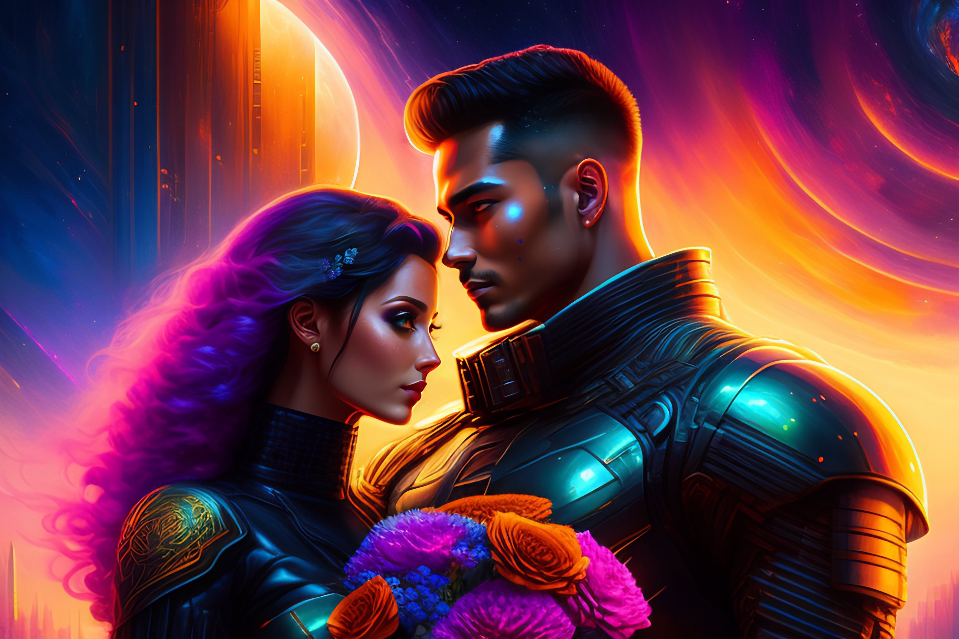 Lexica - An android man gives a bouquet of flowers to a beautiful human ...