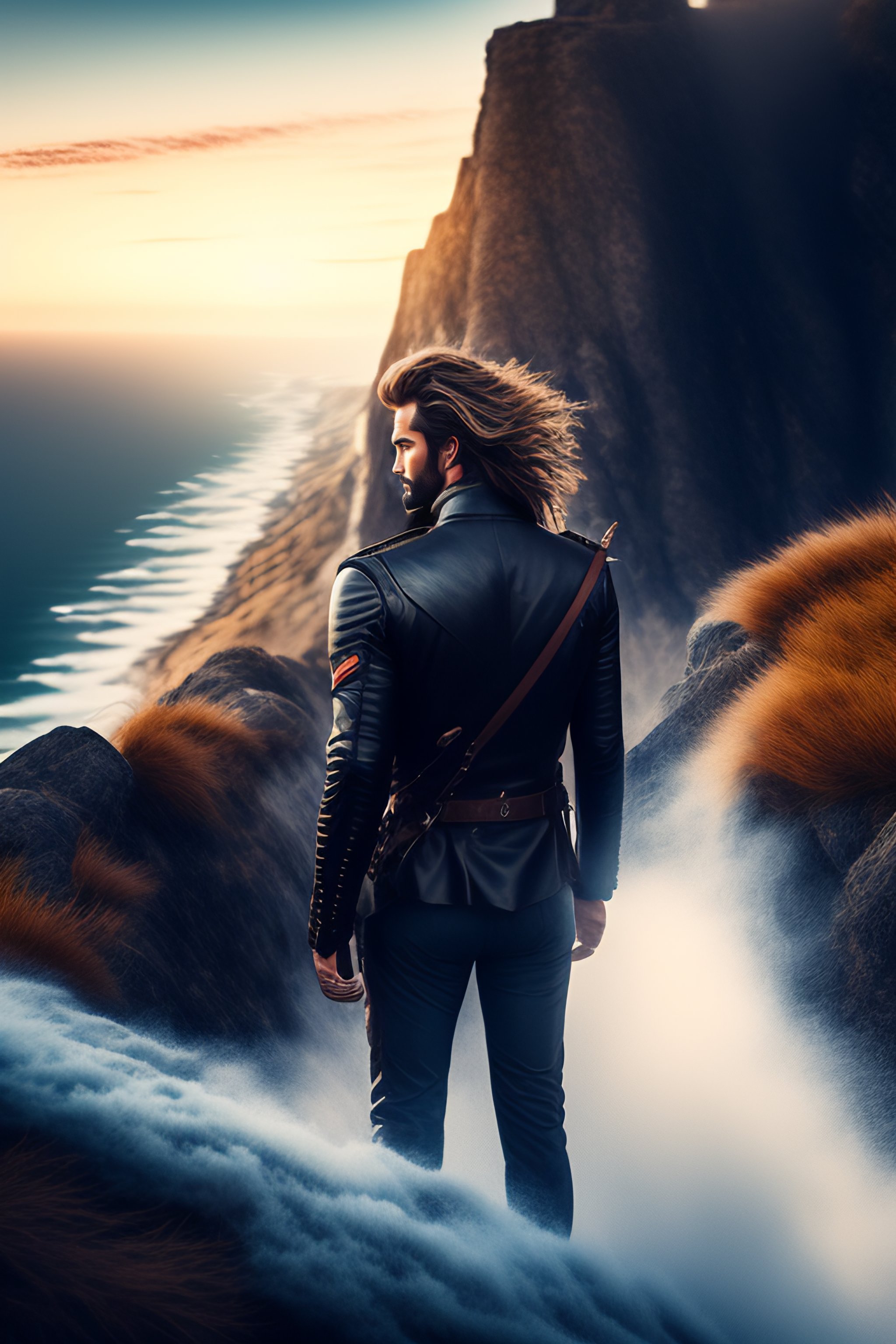 Lexica - He stands at the edge of the cliff, his eyes fixed on the ...