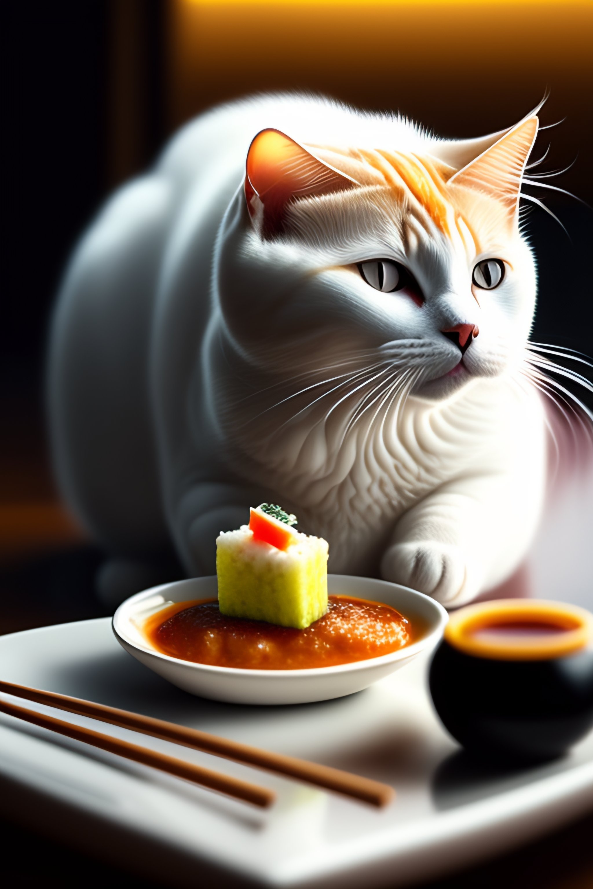 Lexica - White cat eating sushi