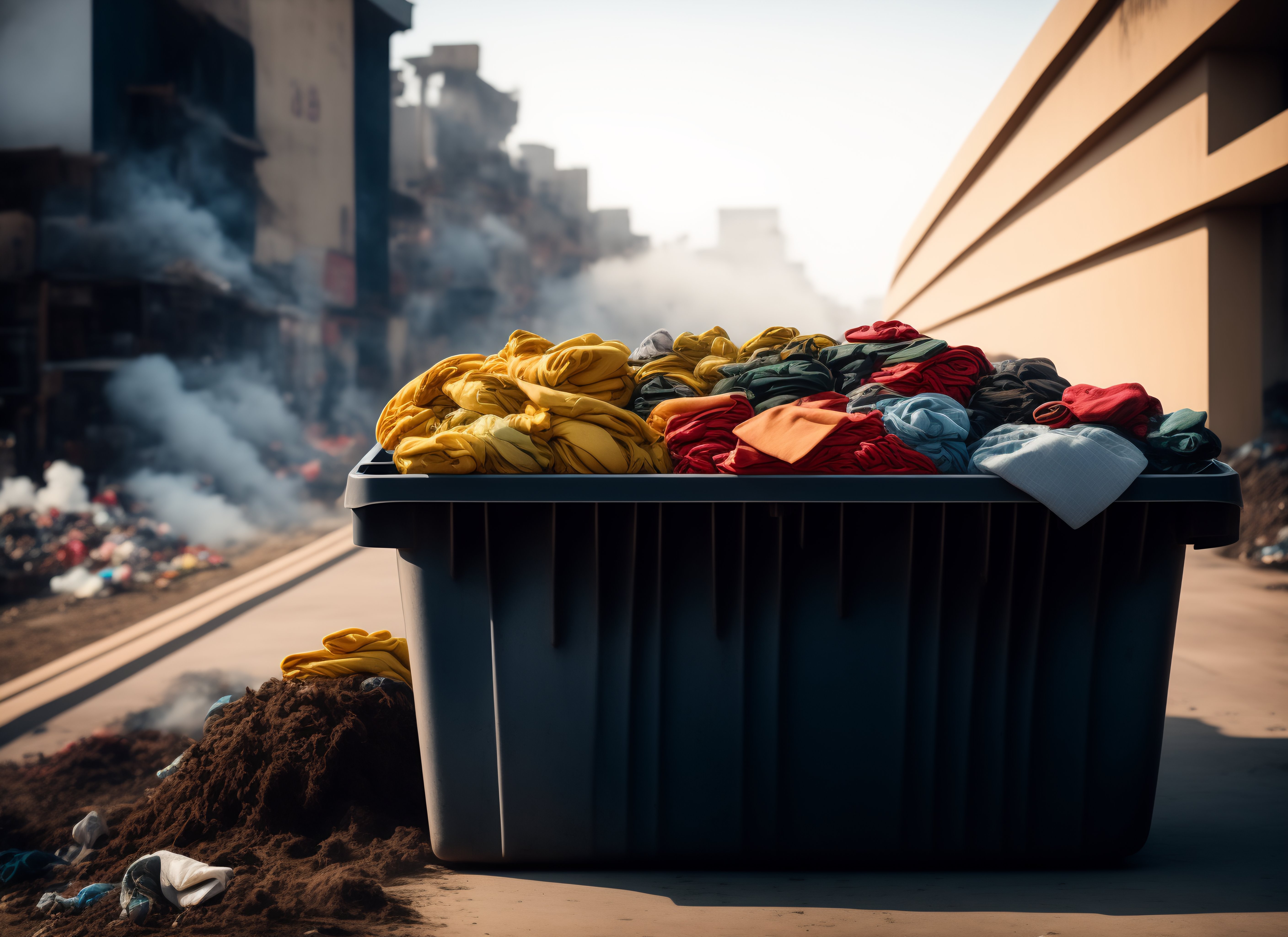 Lexica - Used clothing in dumpster, fast fashion, dirt, pollution,