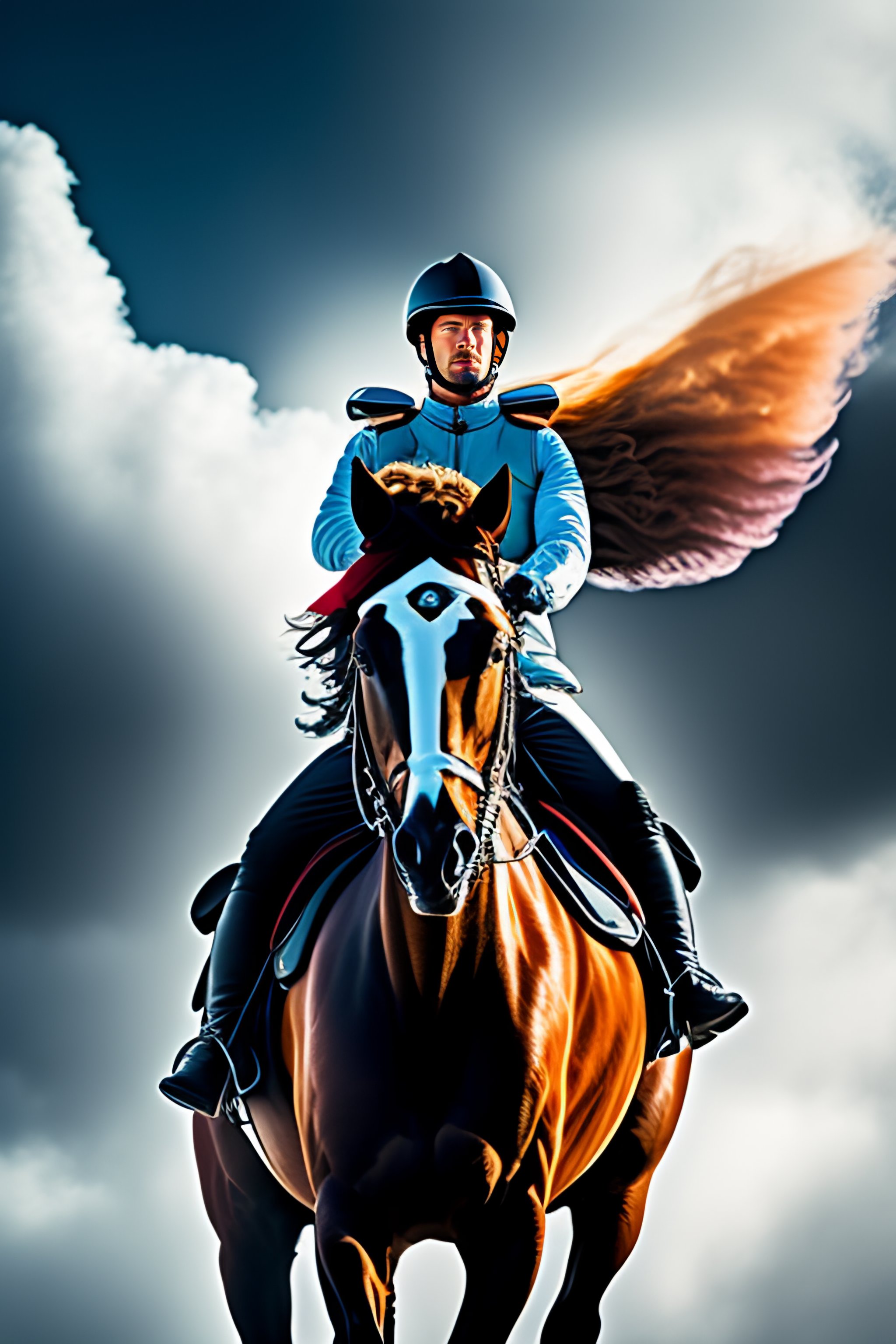 Lexica - Man riding a horse with wings fying into a big white door in ...