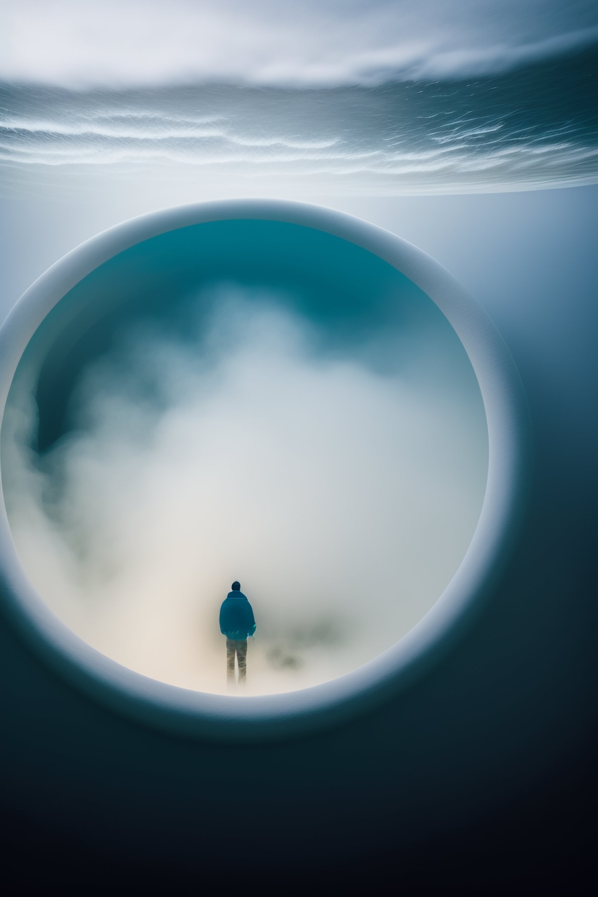 Lexica - Man inside the white foggy circle cocoons