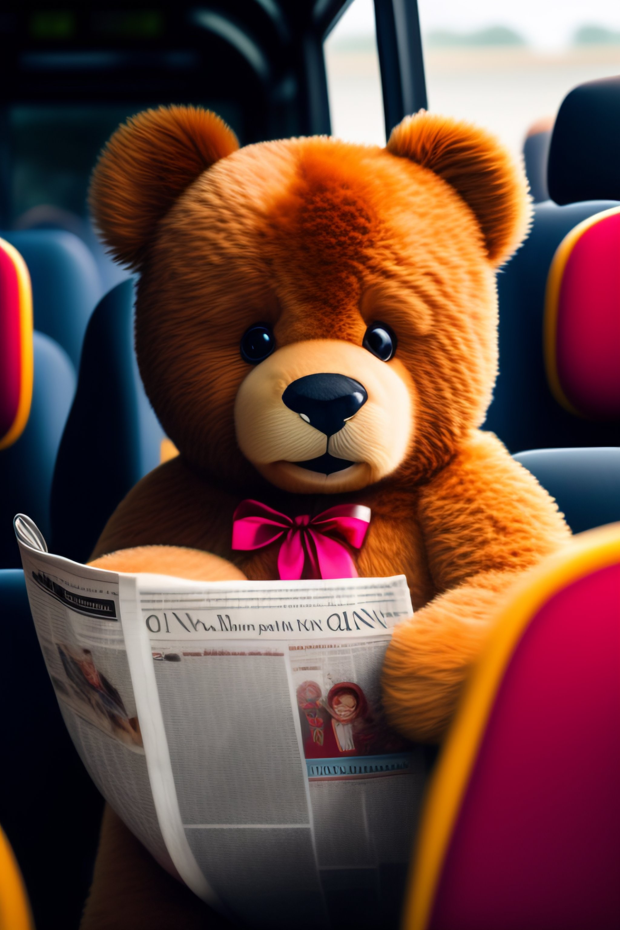 Lexica - Cute teddy bear reading newspaper in the bus
