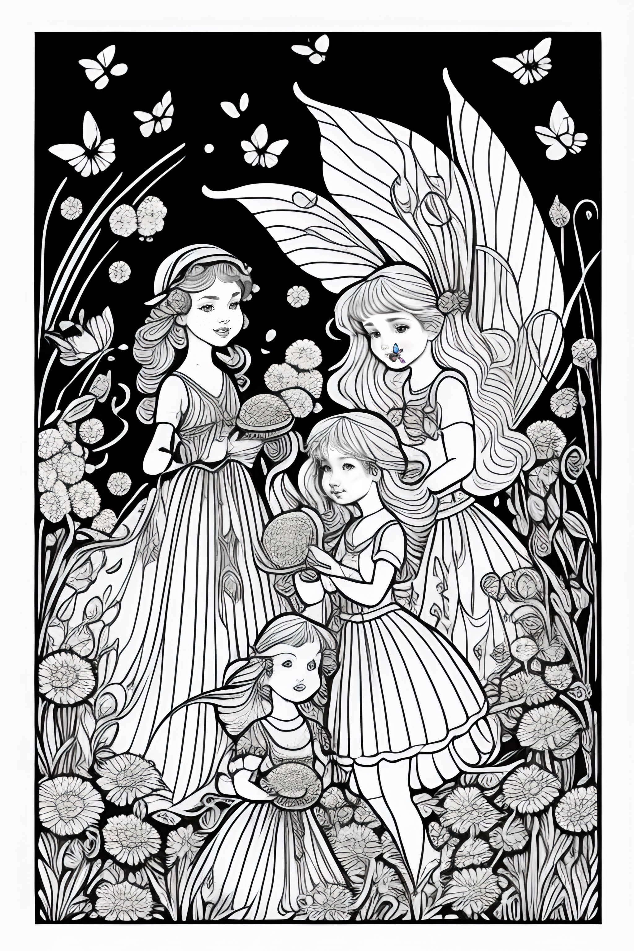 Lexica - Coloring page of group of fairies flitting about among the flowers