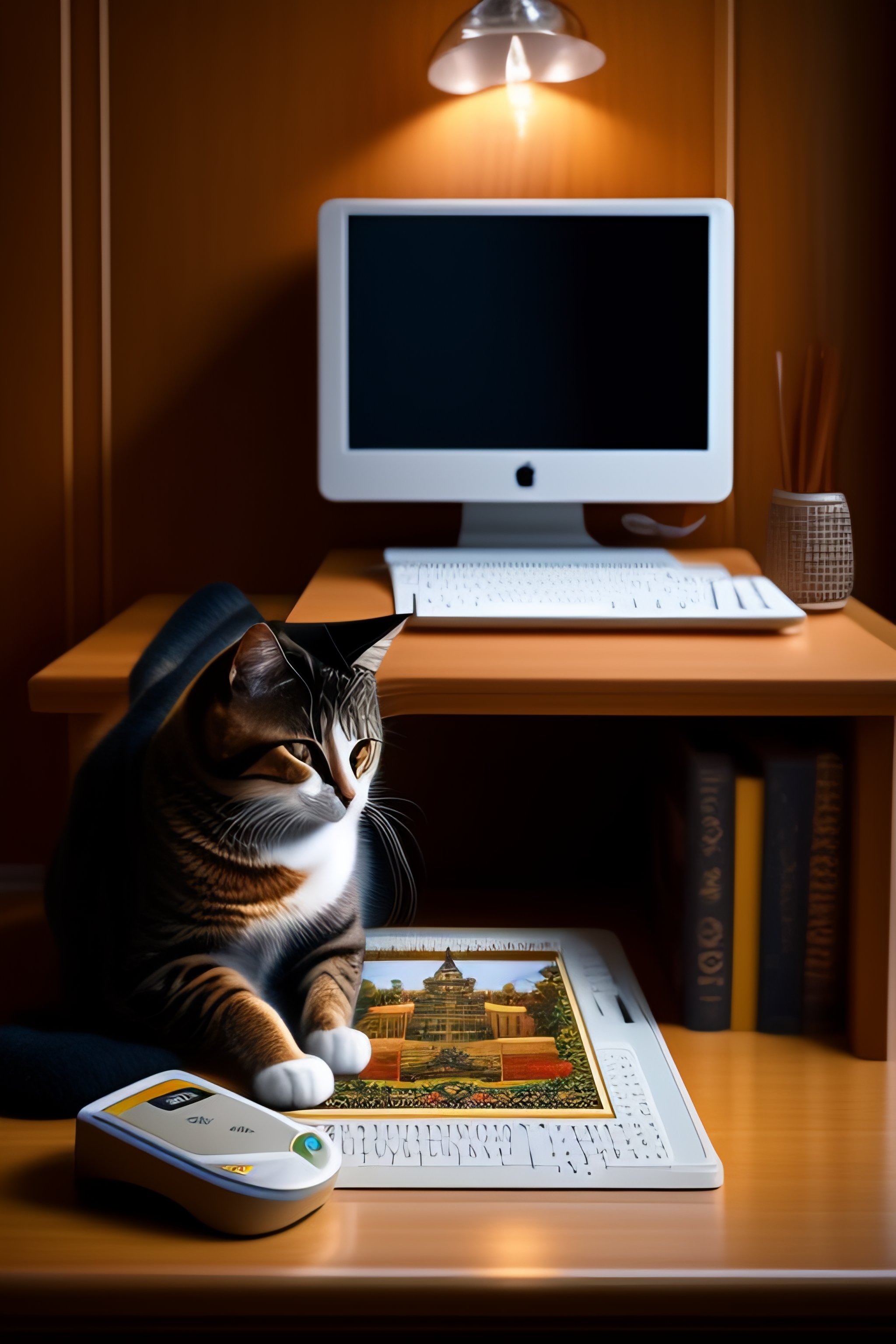 Lexica - A cat writing on a computer for Jacek Yerka