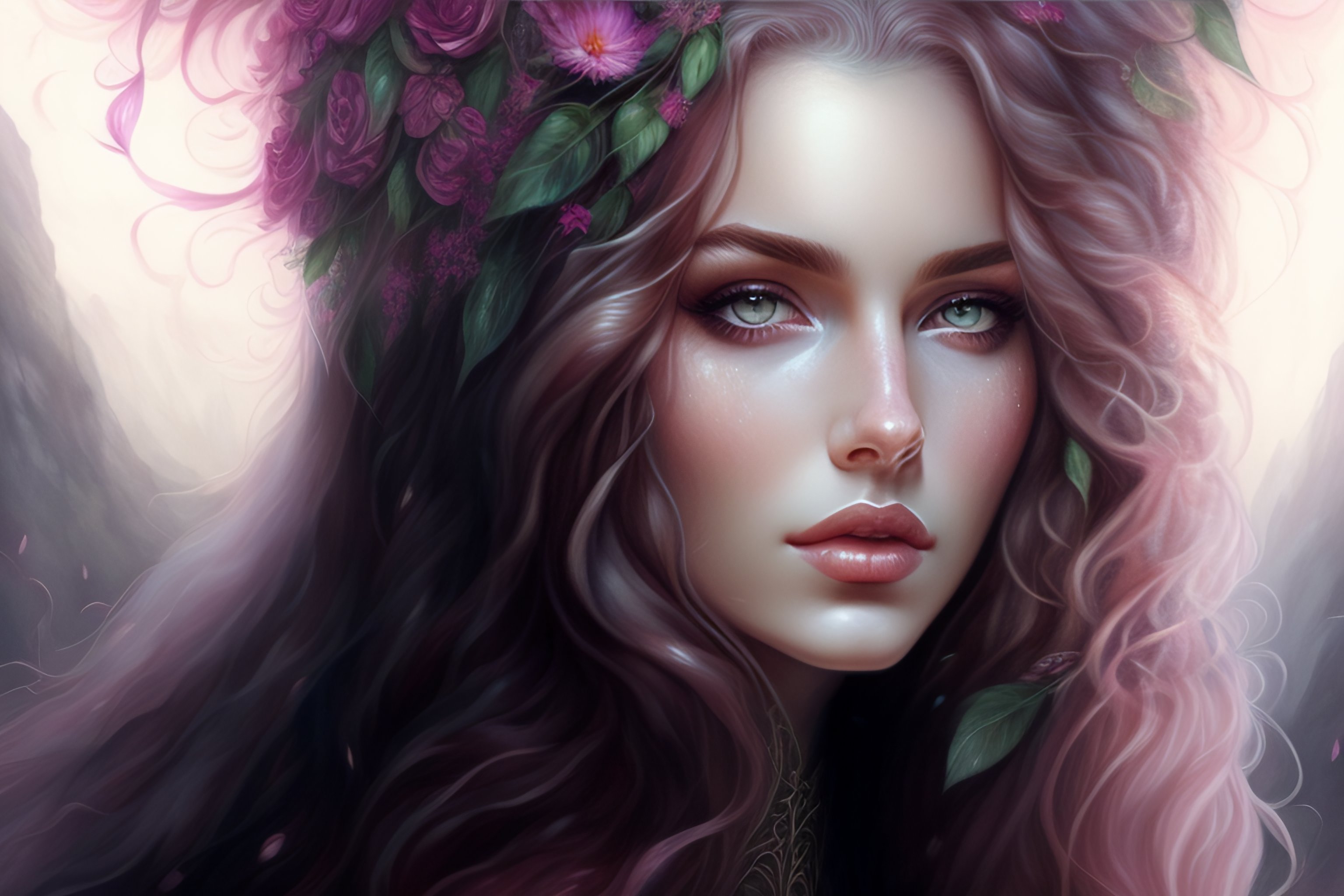 Lexica - Portrait of stunning gothic woman, long light pink curly hair ...