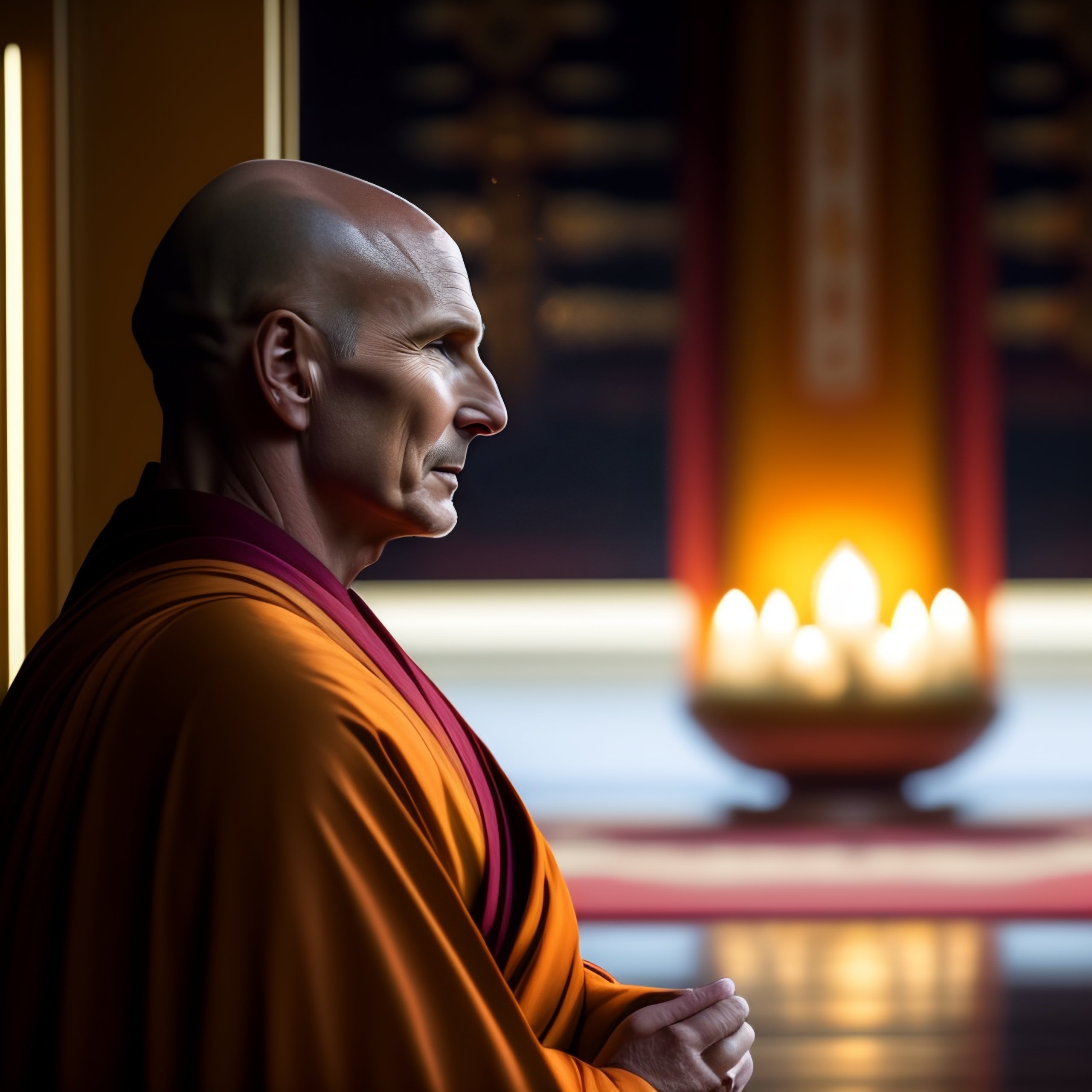 Lexica - Liam Neeson as a bald Buddhist priest practicing meditation ...