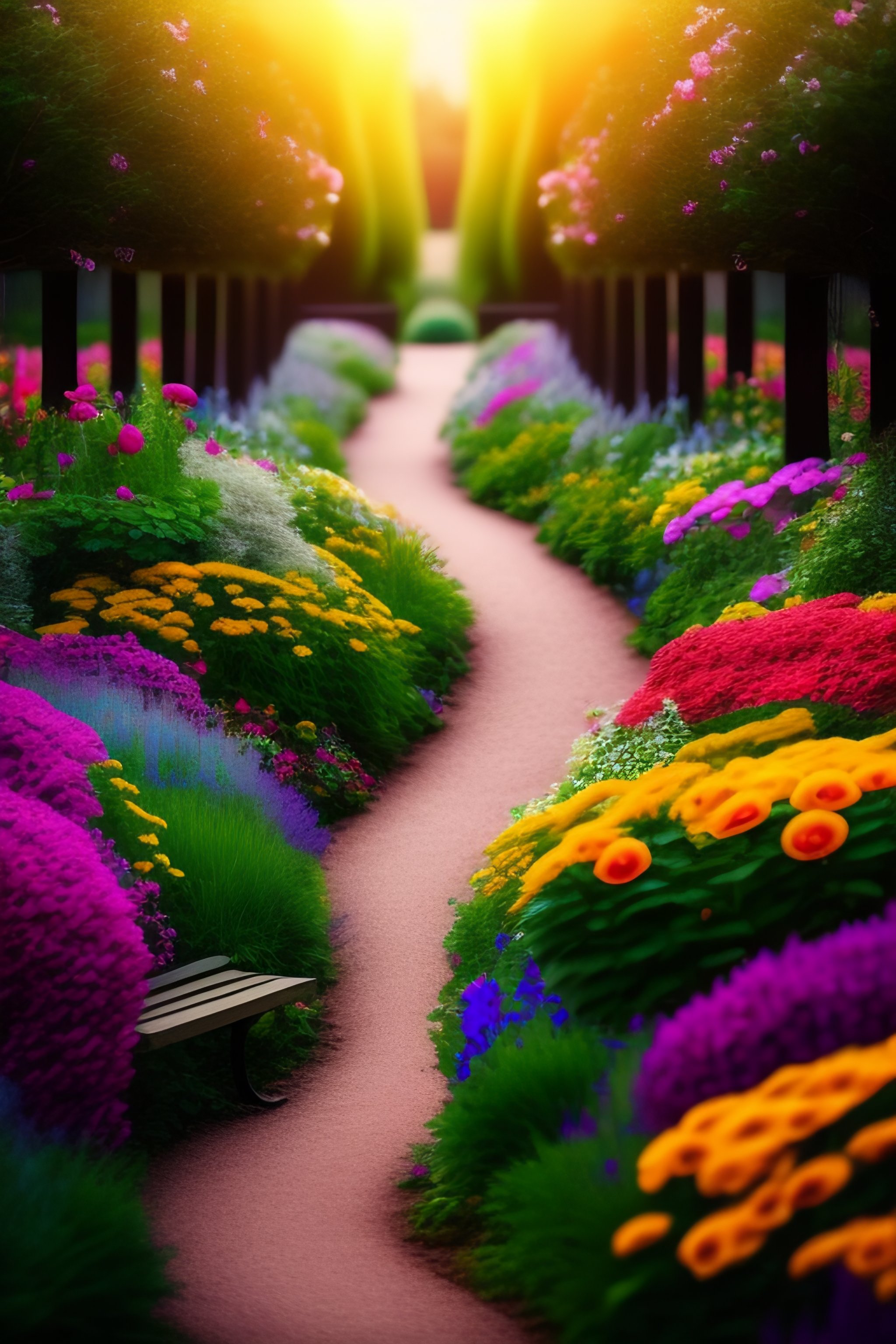 Lexica - Create a photo of a colorful flower garden with a bench and a ...