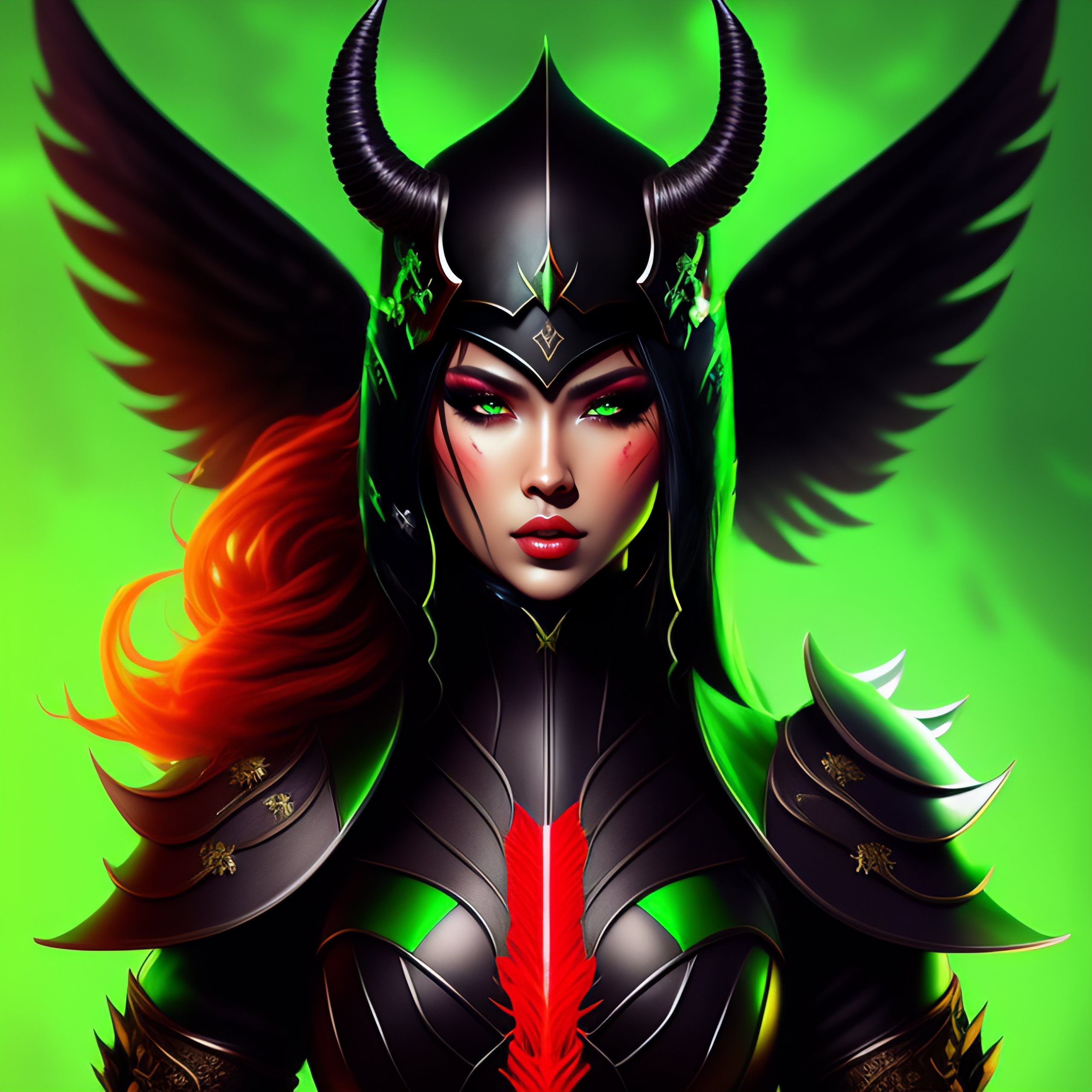 Lexica - Devil ninja, black wings, black armor, green fire background, fantasy, red eyes, full ...