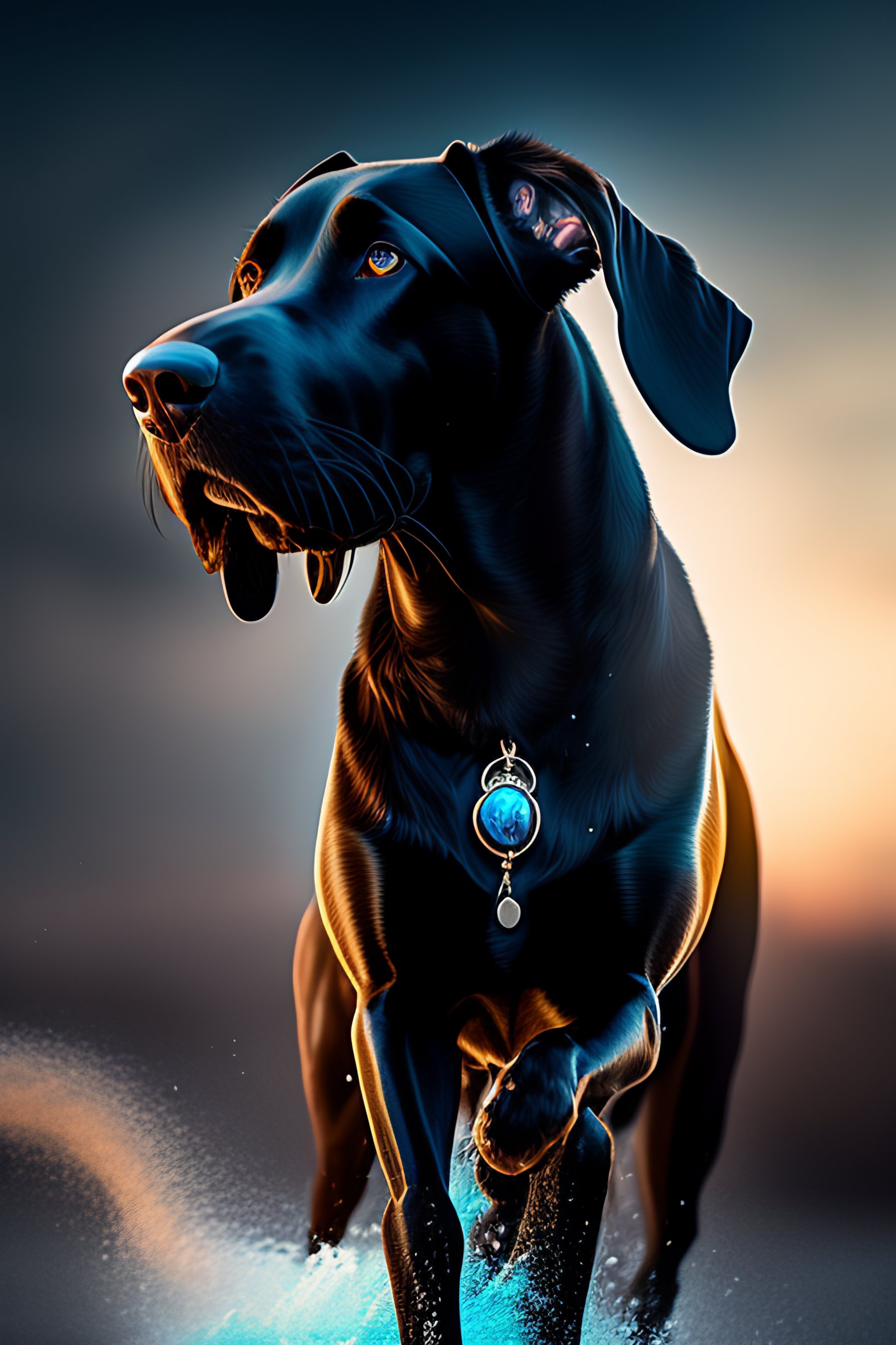 Lexica - Cinematic portrait of cute black labradane riding large blue ...