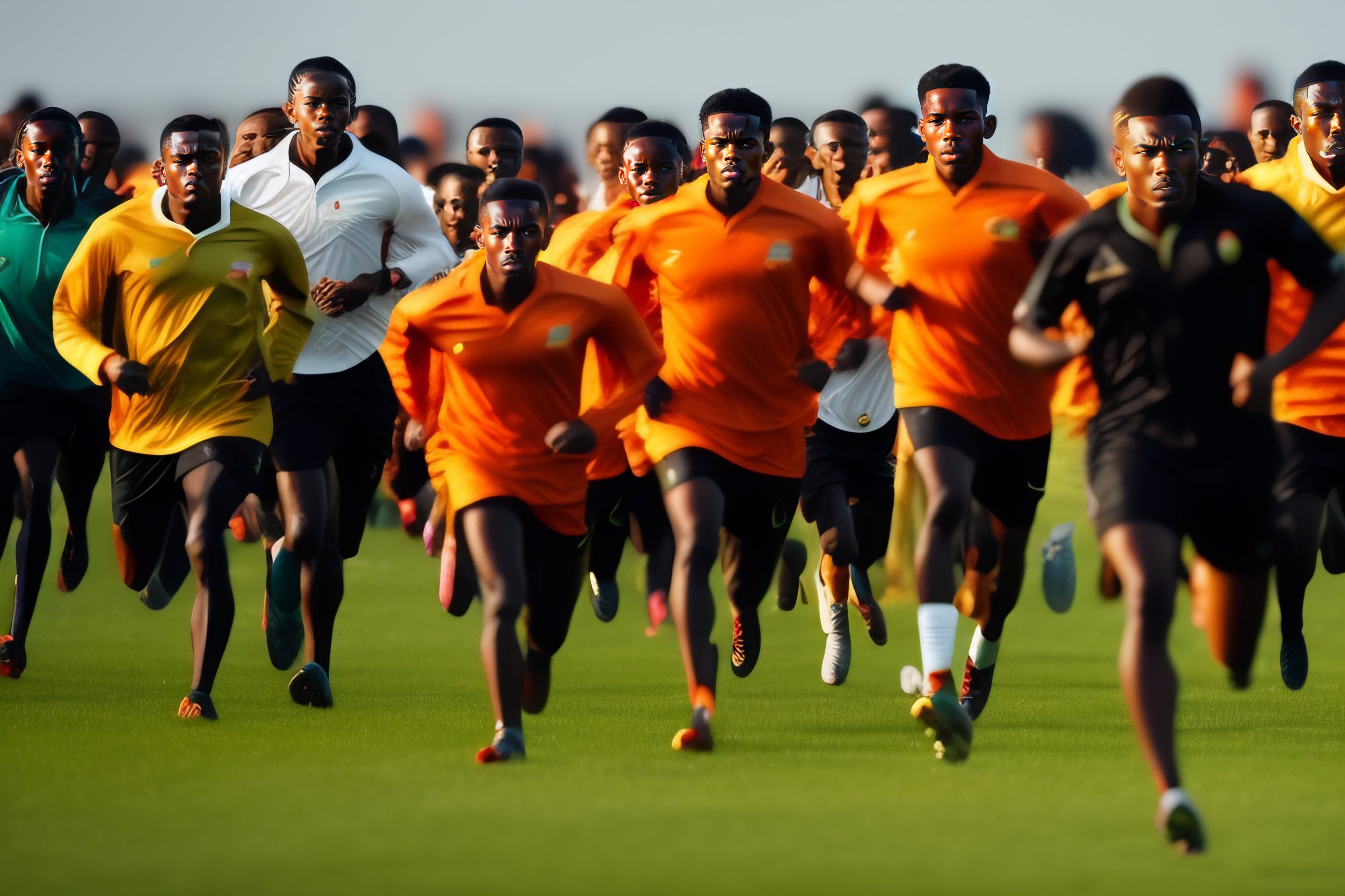 Lexica - Background full of people chasing, front view, grass ground ...