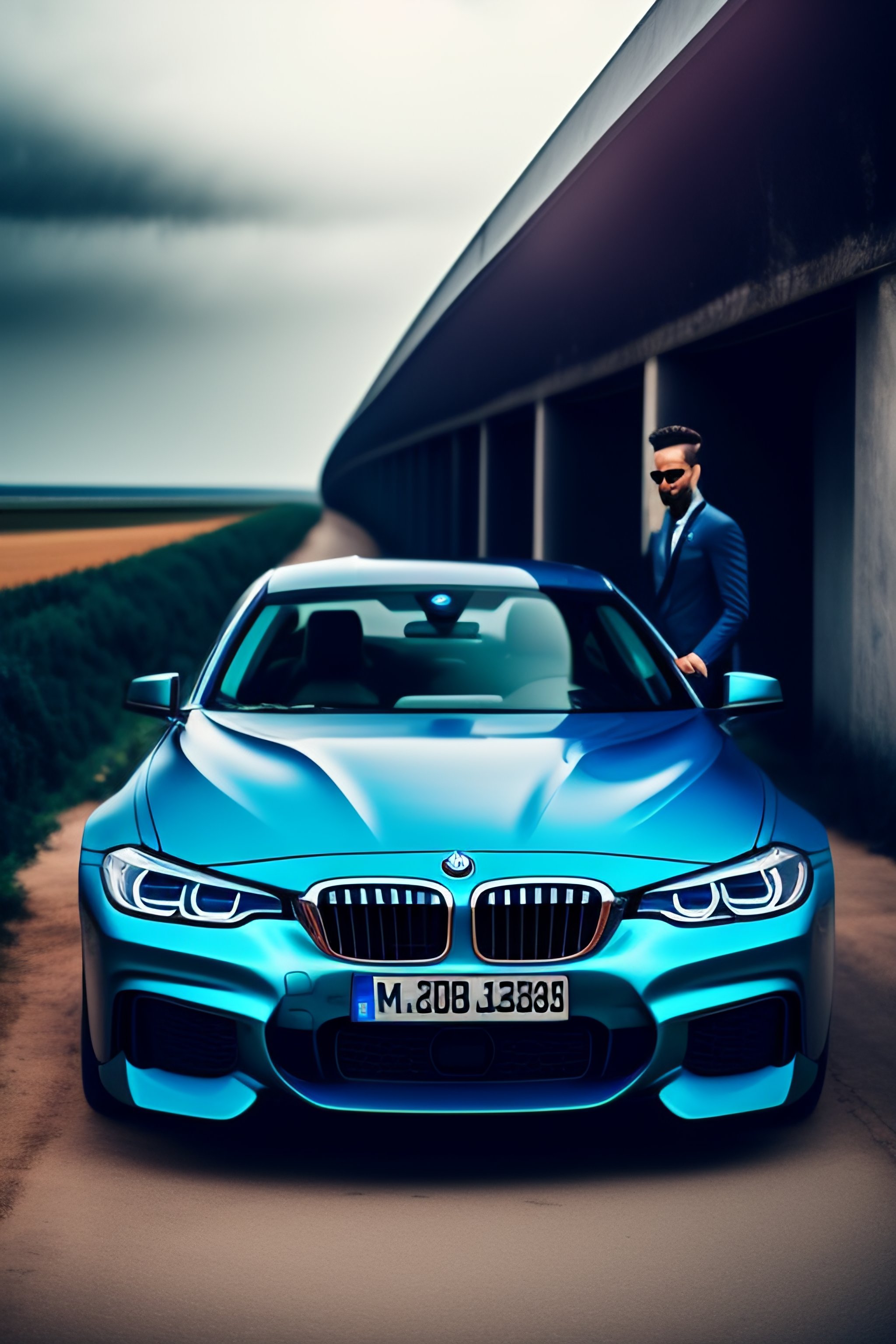 Lexica - Awesome man in 2090 beside a car bmw blue color and weather is rain