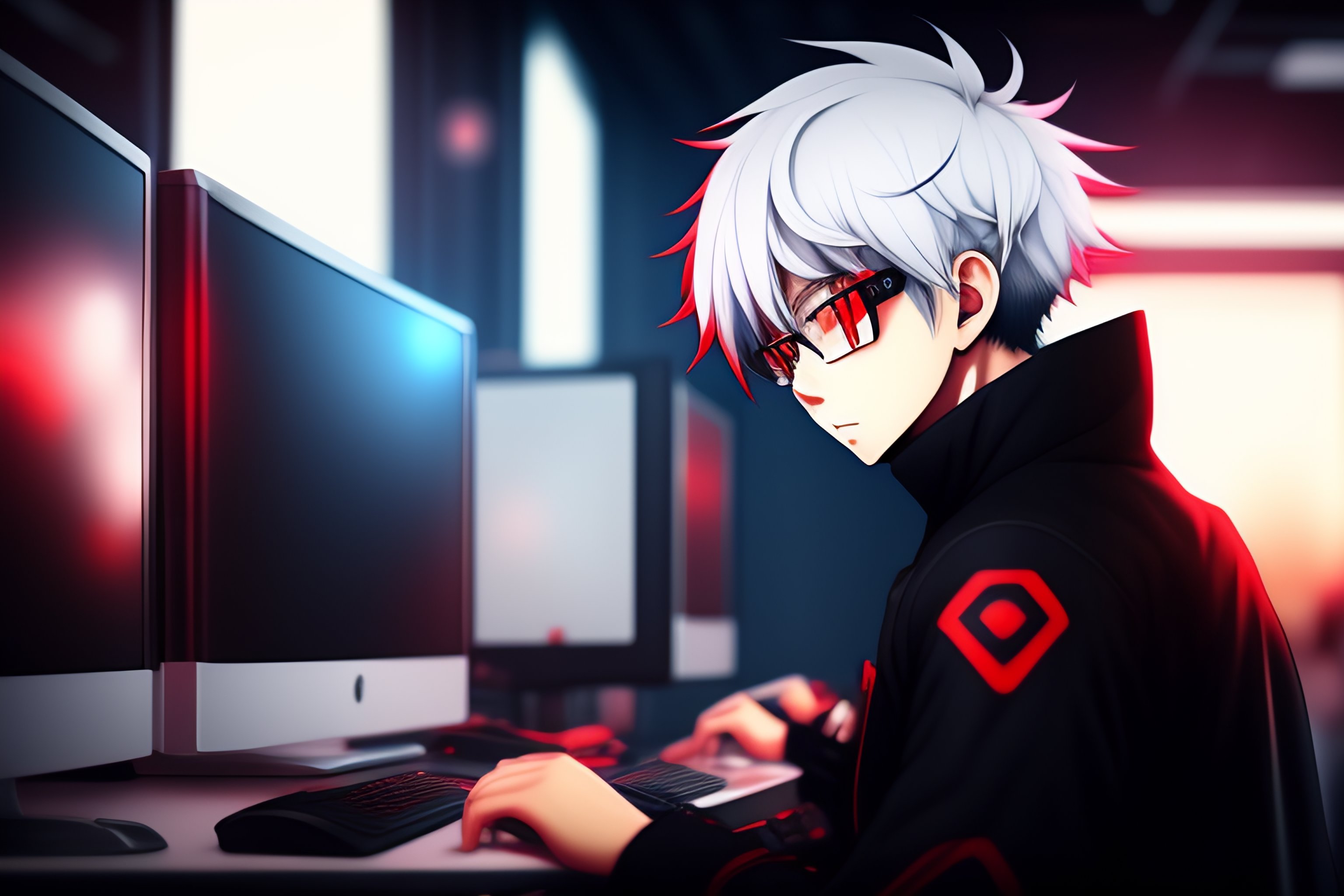 Lexica - Anime boy, white hair, black eyes, black and red clothes ...