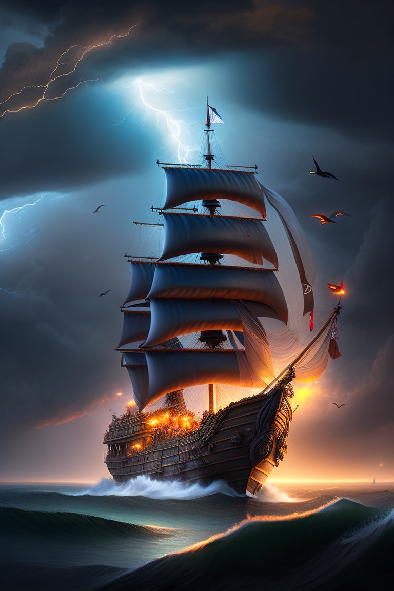 Lexica - A massive, strong pirate ship sailing in a stormy night ...