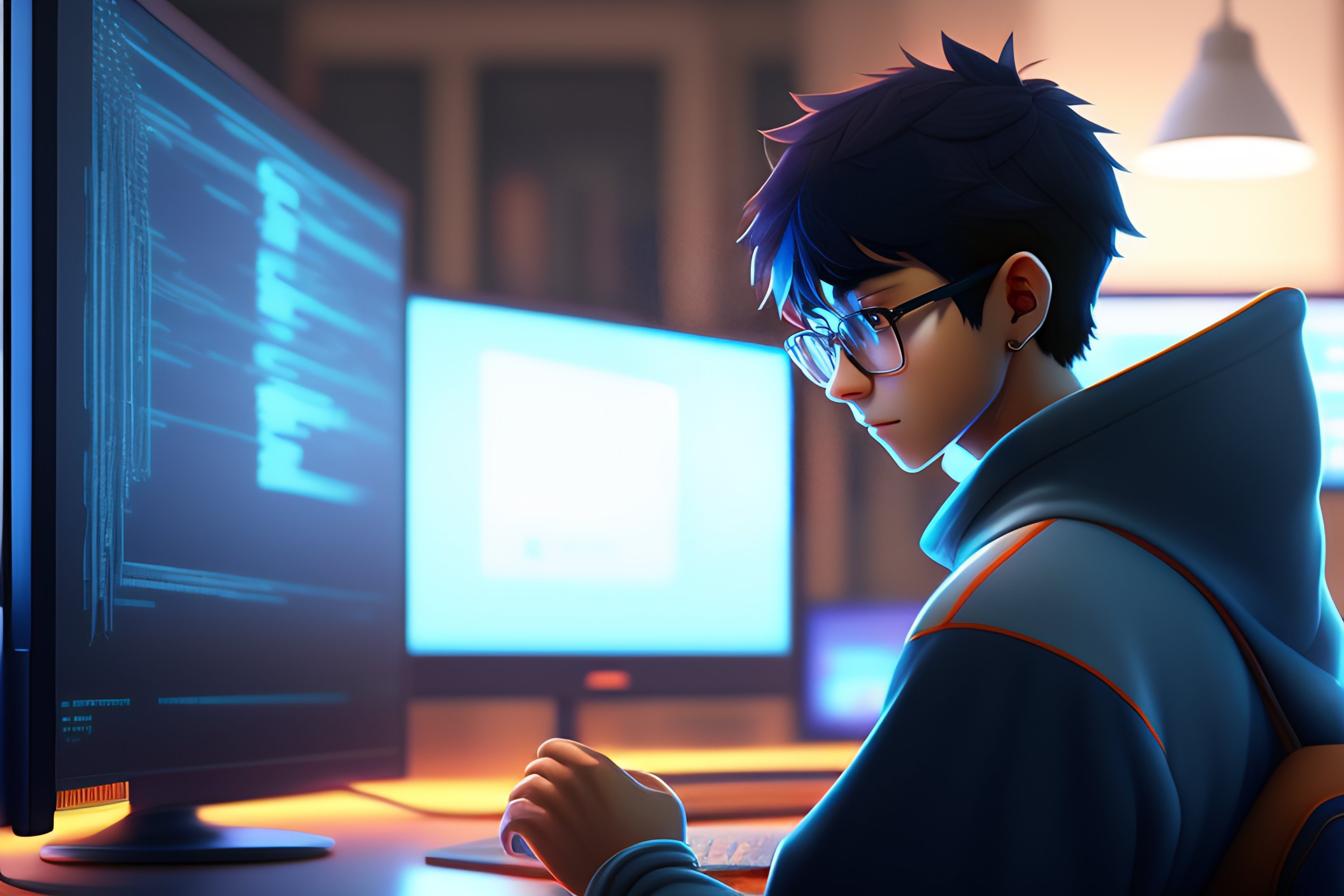 Lexica - A nerdy boy ith 22 years old in a hoodie is programming at a ...