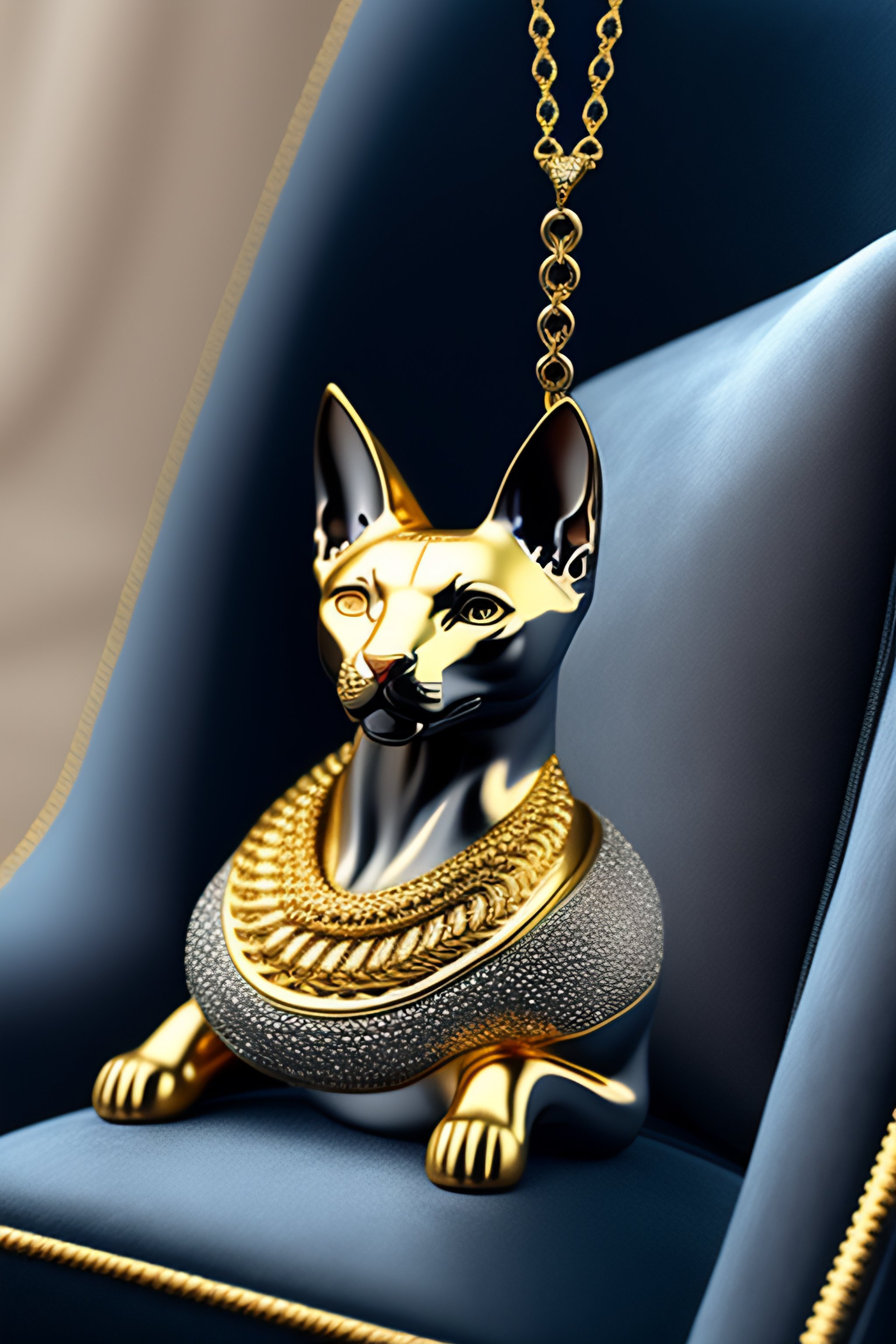 Lexica - All gray sphynx wearing blue layered chain necklace counting dollars in a luxury gold sofa
