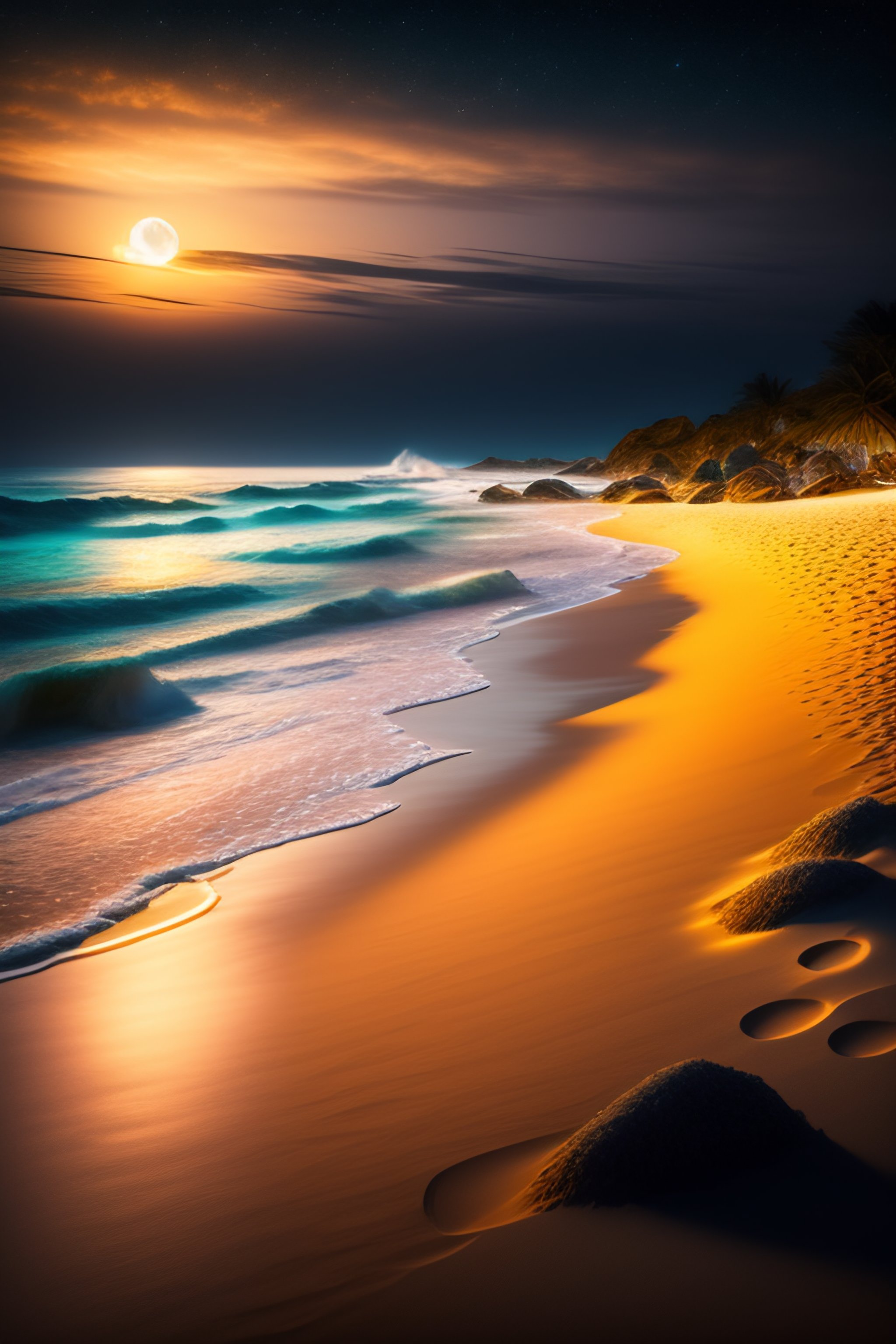 Lexica - A gold sand beach, at night, full moon, crystal clear water