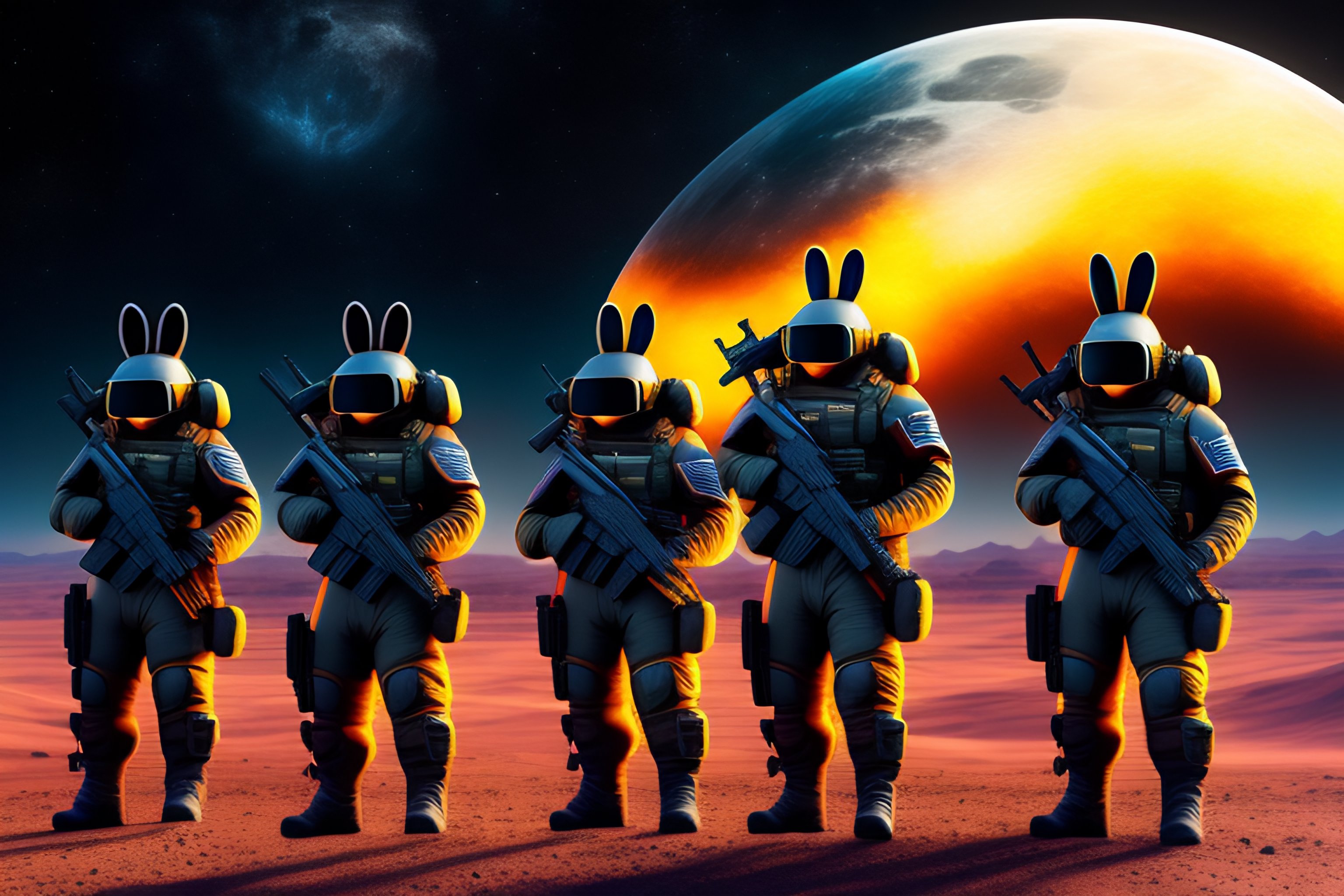 Lexica - Five neon rabbits from the special forces unit, dressed in ...