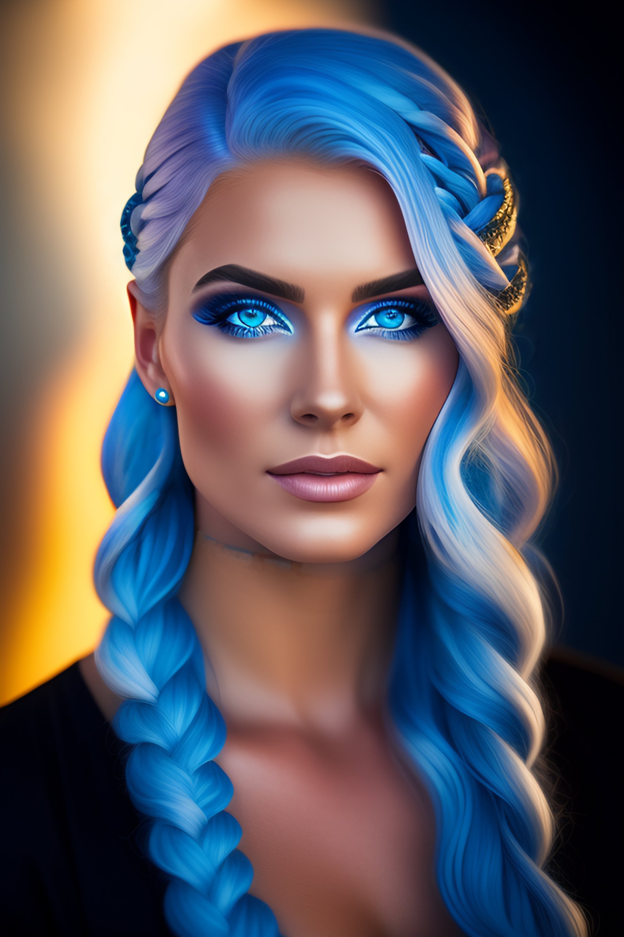 Lexica - Headshot of a young woman, blue hair in an intricate braid ...