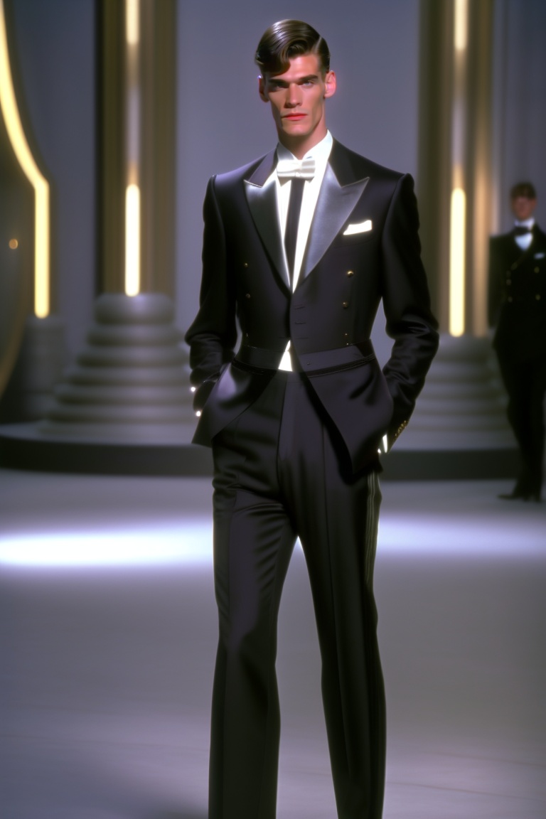 Lexica - 1990 screengrab of male model Lurch wearing a structured black ...