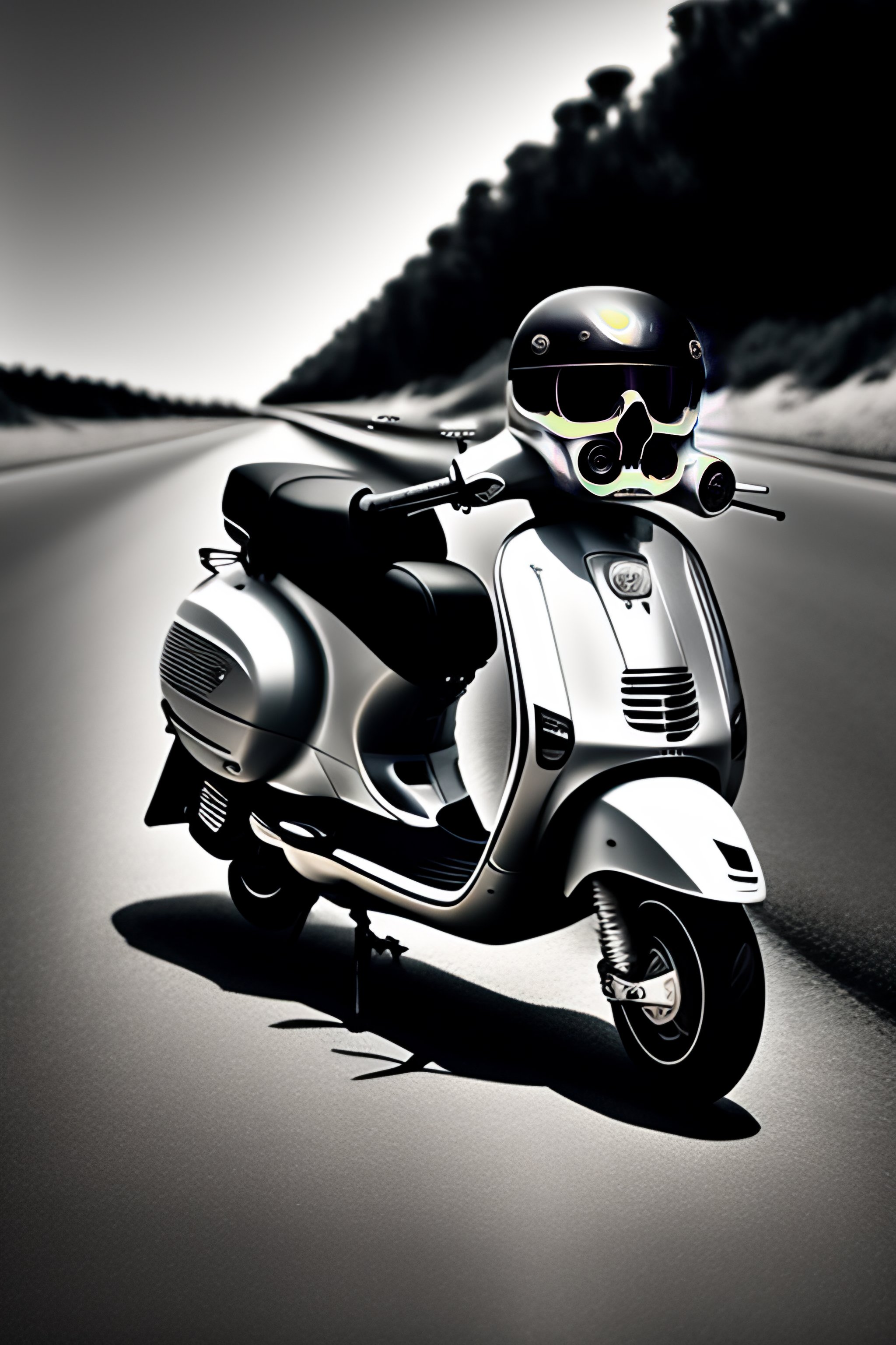 Lexica - Skitz of a human skeleton on a moving vespa px 80 in black white