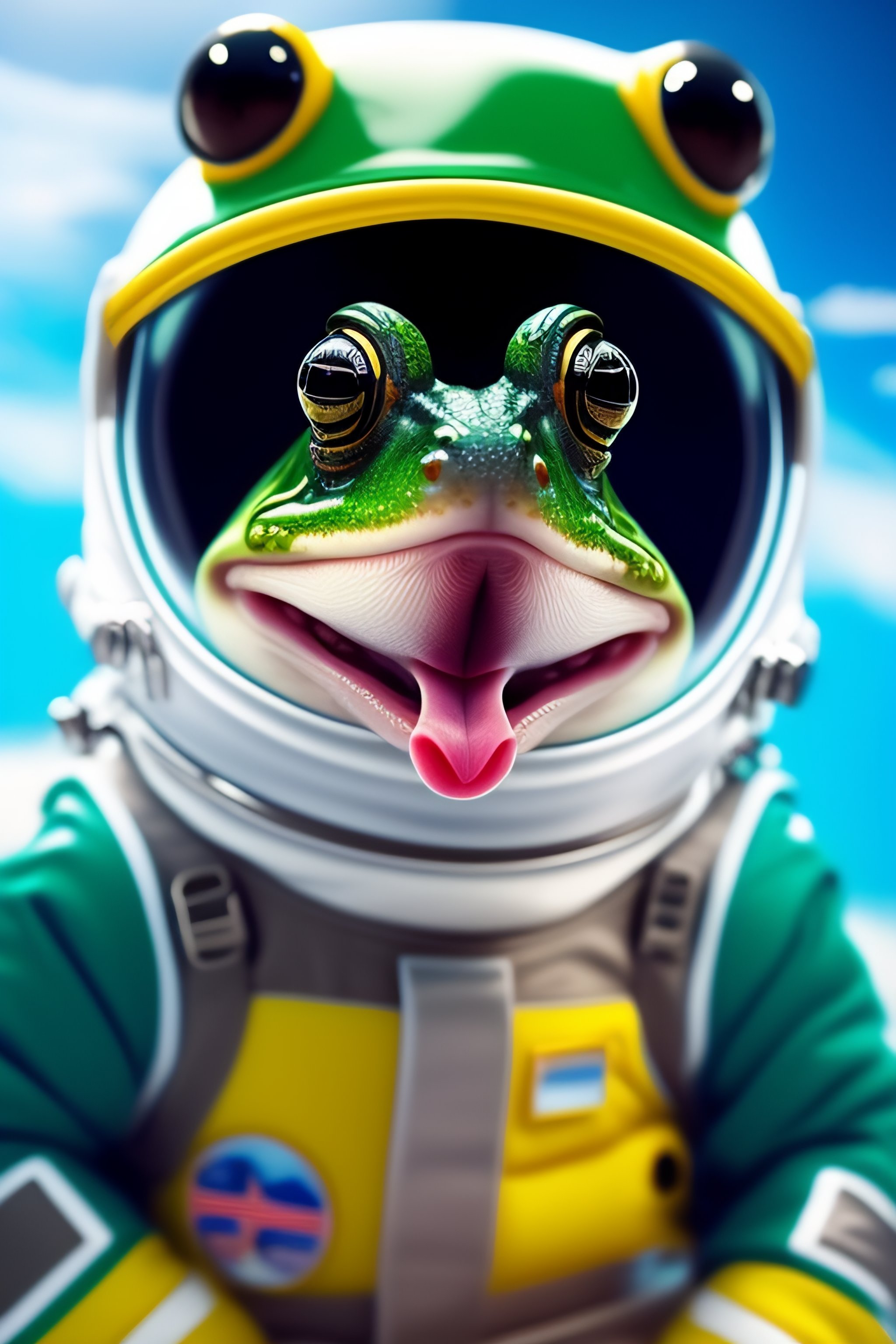 Lexica - Frog with tongue out. Astronaut suit. With frog hands