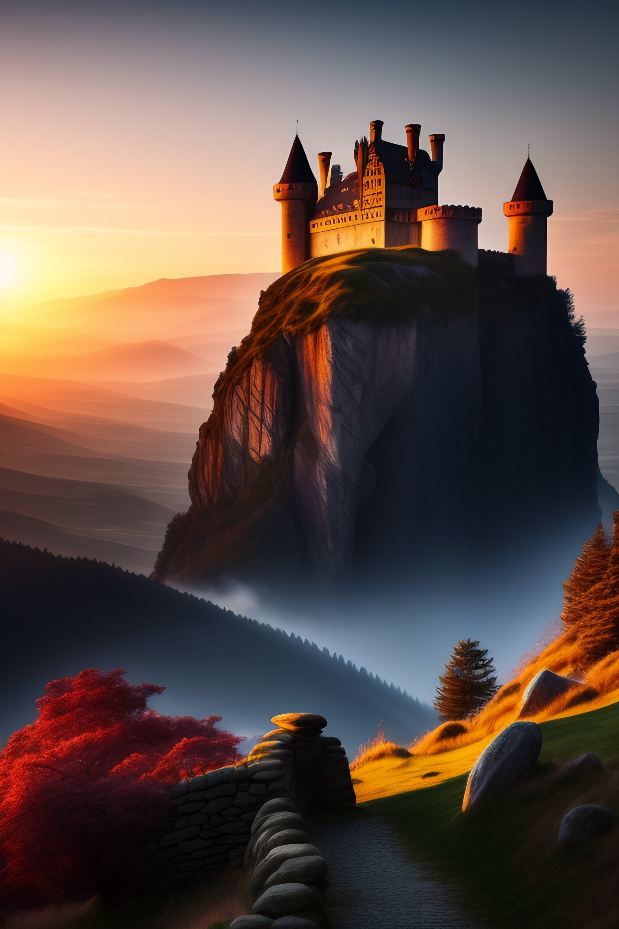 Lexica - Amazing castle on mountain at sunrise, sharp detail, stone ...