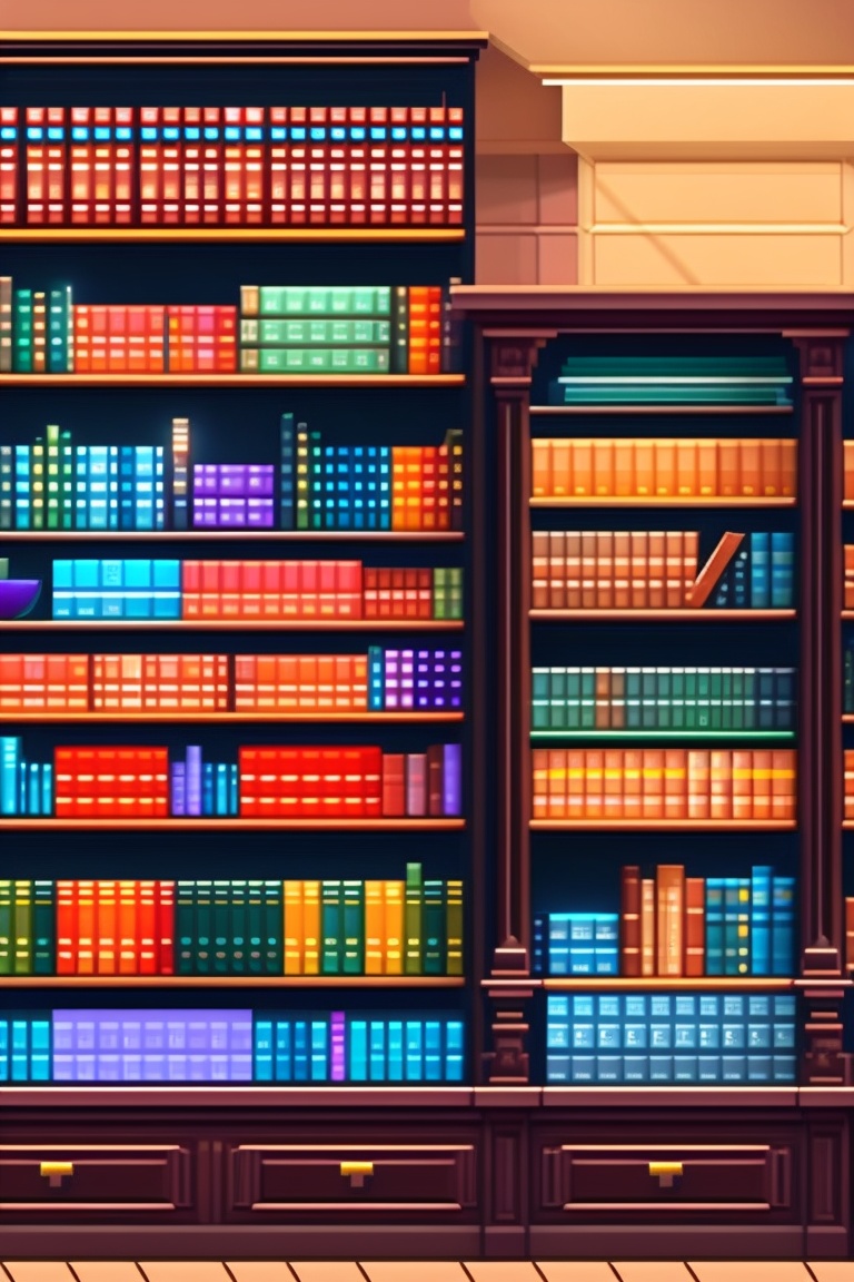 Lexica - Library background with multiple seat in row, pixel art