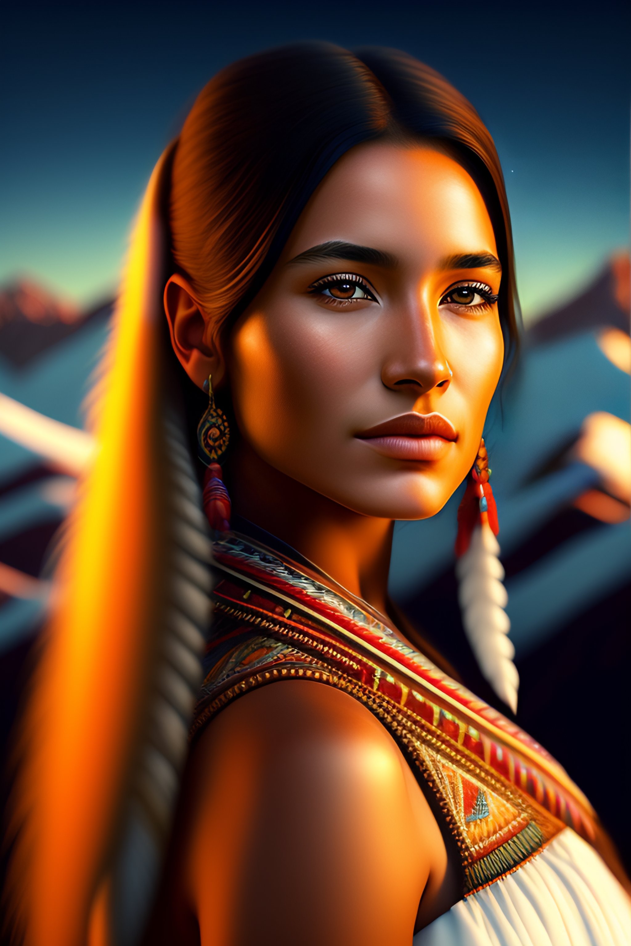 Lexica - Native american young female portrait in 3d digital art with ...