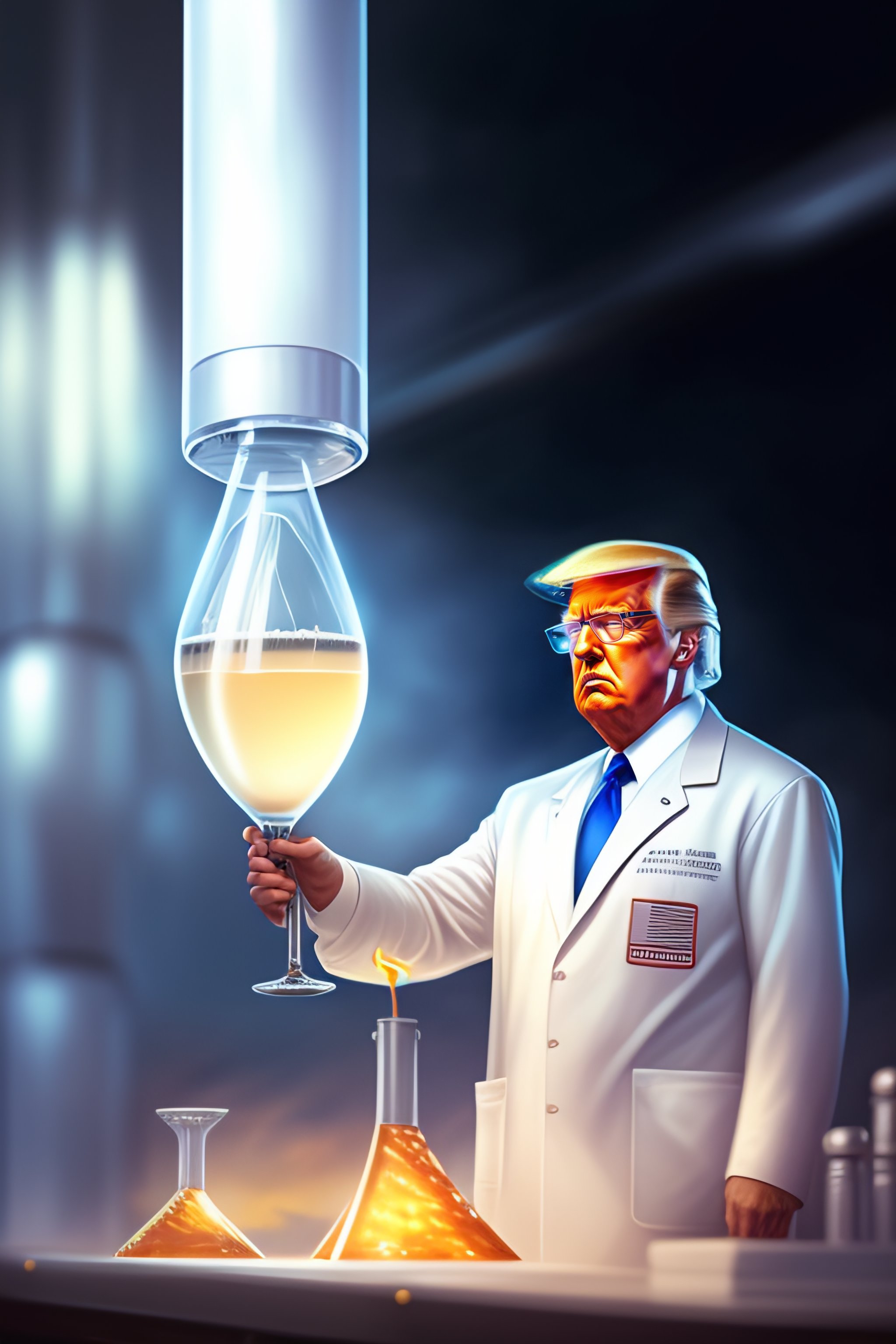 Lexica - Donald Trump holds a ehrlenmeyer flask at eye level, wearing a ...