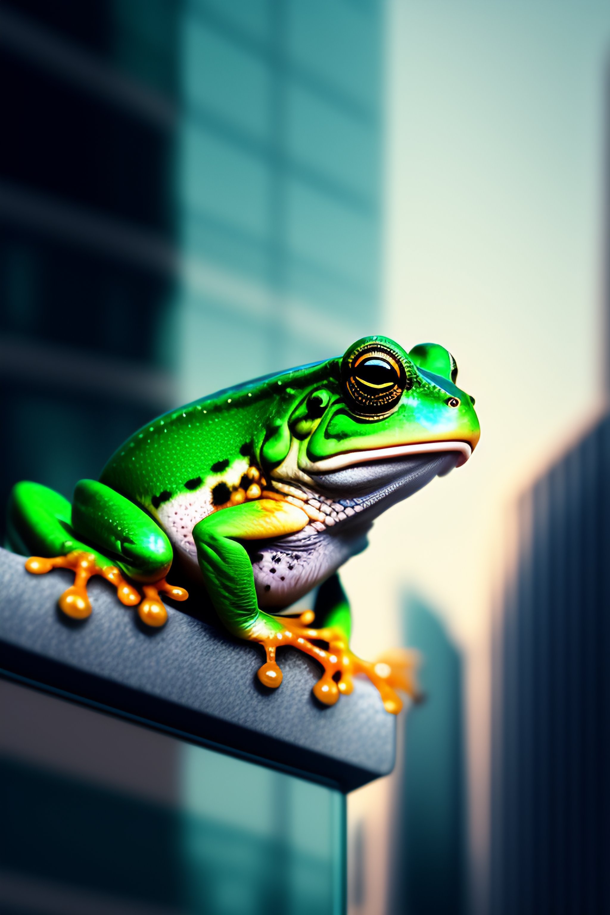 Lexica - Portrait of a frog jumping from a city building with ...
