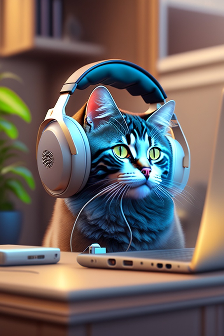 Lexica - A cat wearing headphones, headphone, office, ultra realistic ...