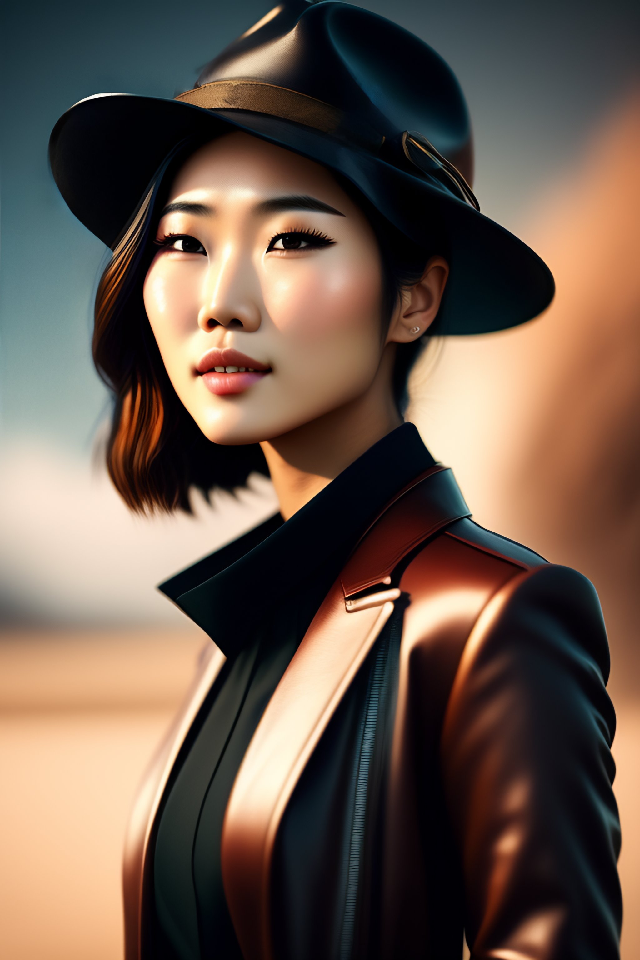 Lexica - Asian girl, windy hair, leather suit, fedora hat