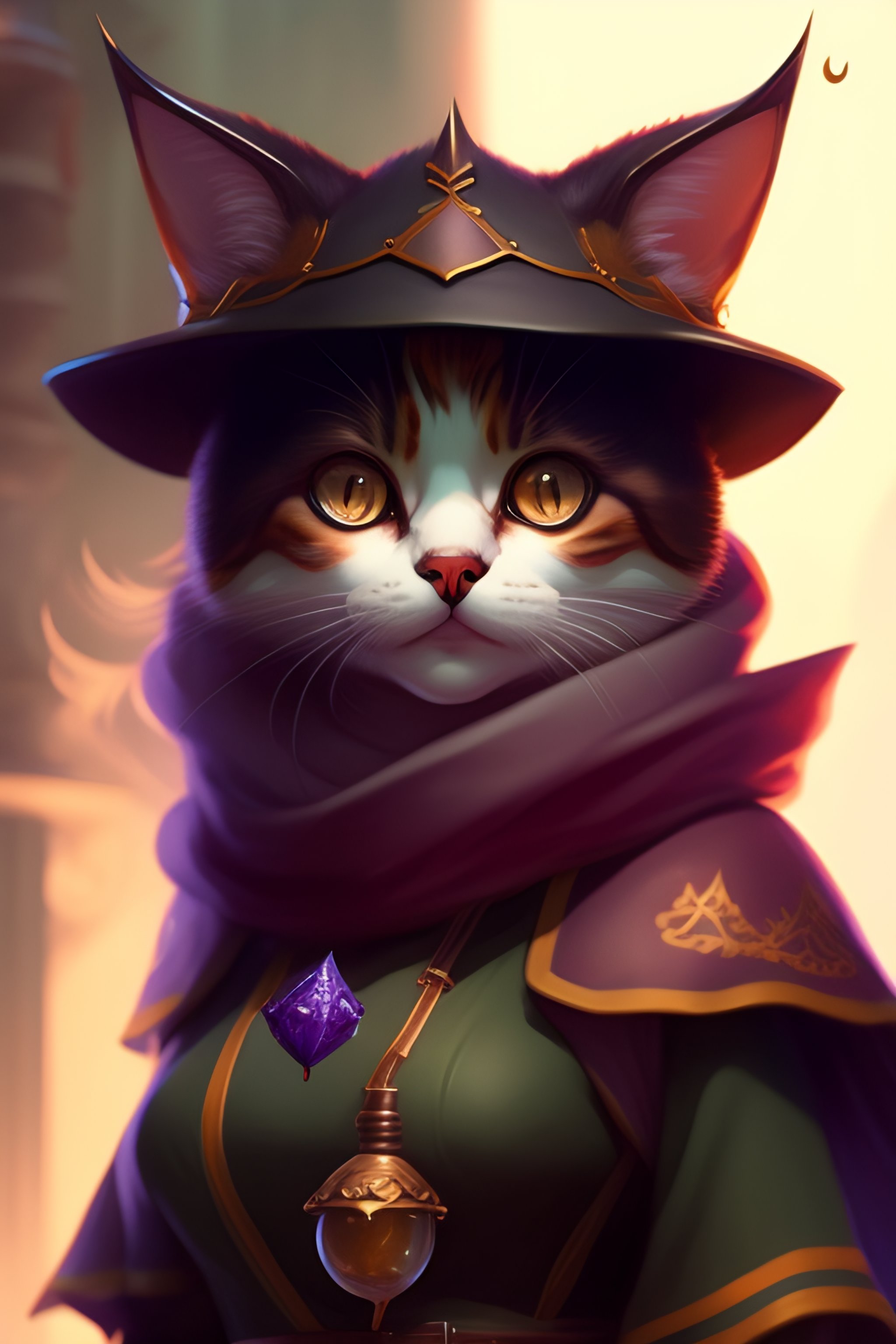 Lexica - Closeup of a cute cat witch with staff cloack and pack, D&D ...